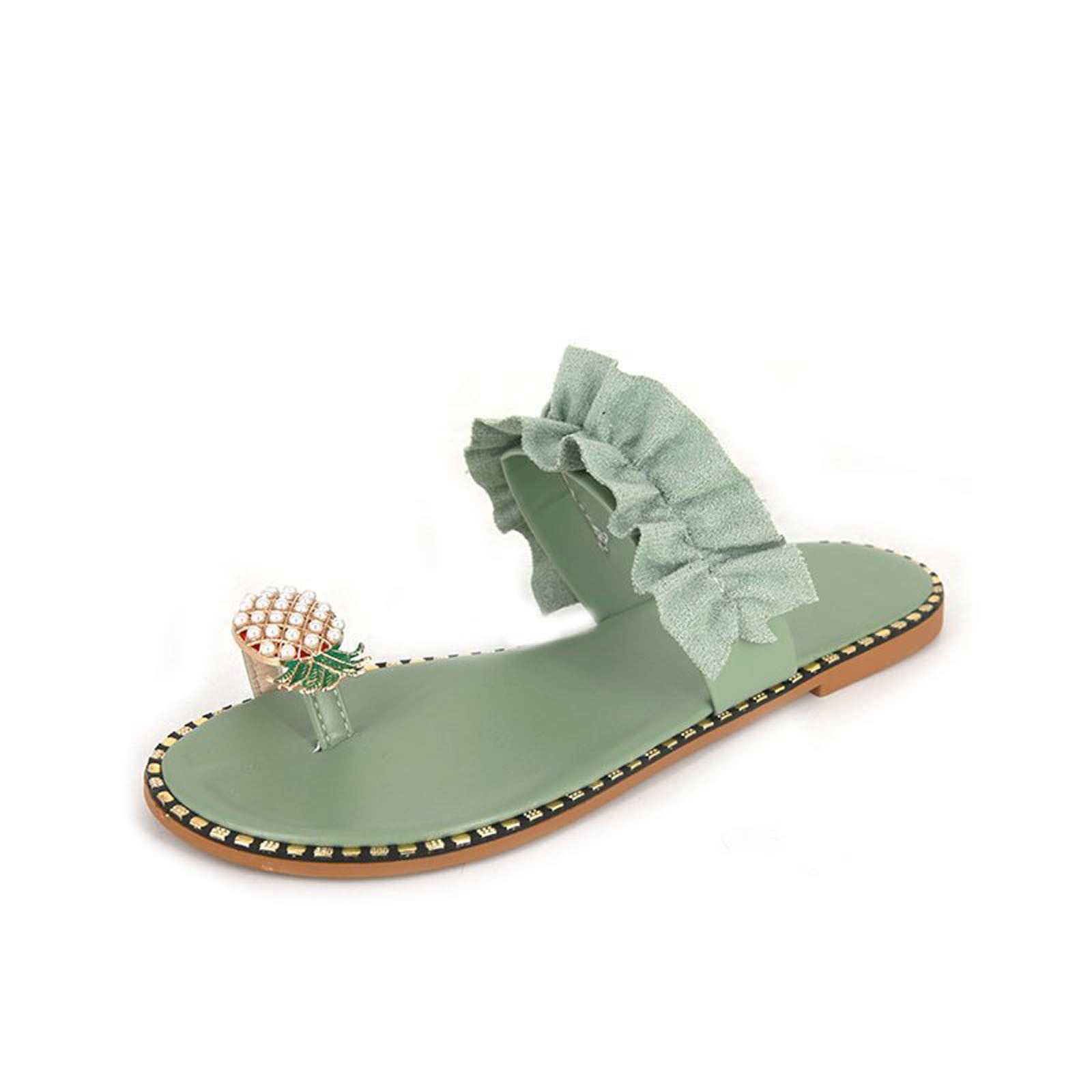 Anuirheih Sandals for Women Flat Cute Pearls Pineapple Sandals Clip Toe Flip Flops Boho Casual Flat Slippers Beach Shoes Green