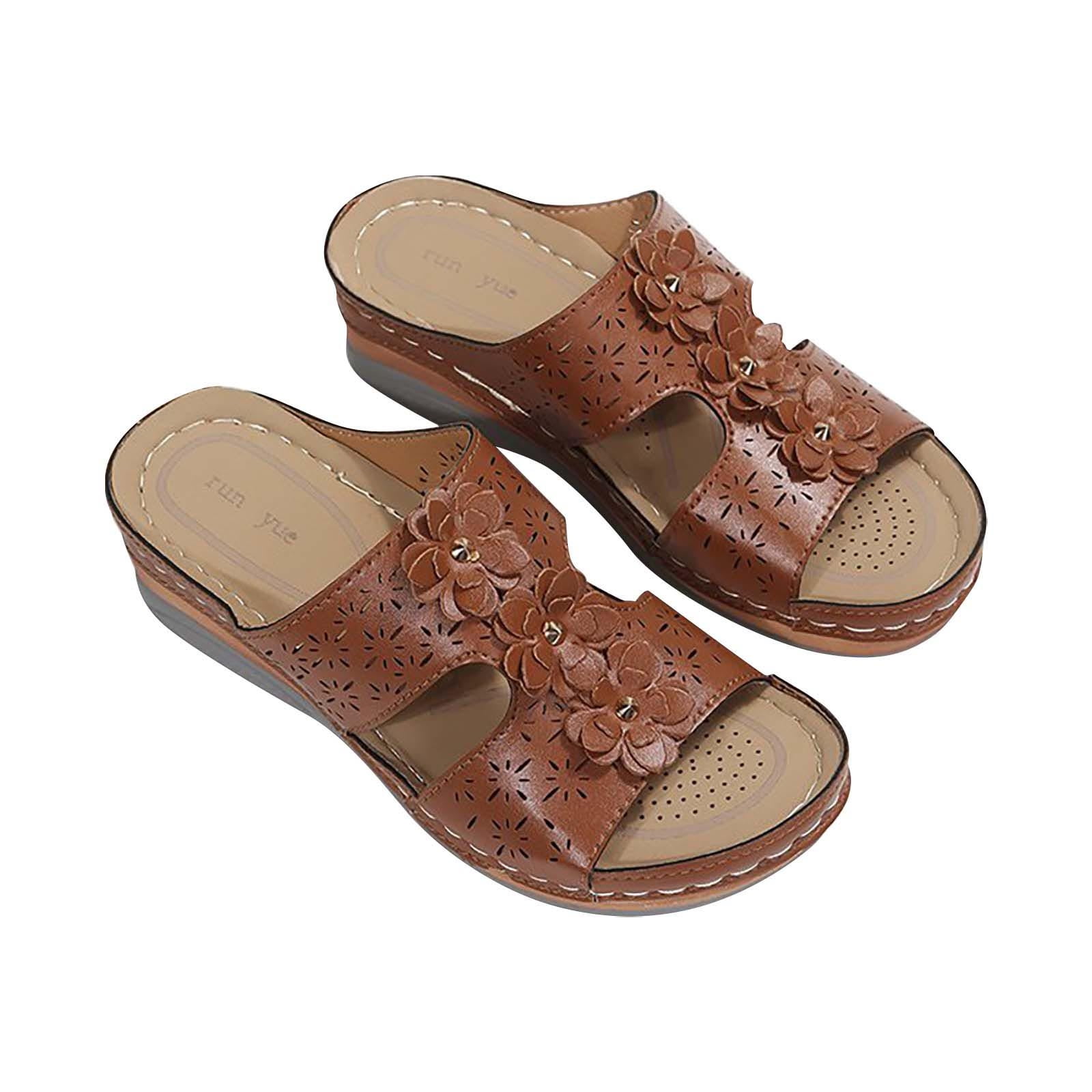 Anuirheih Wedge Mid Heel Slippers Open Toe Sandals for Women Slip On ...