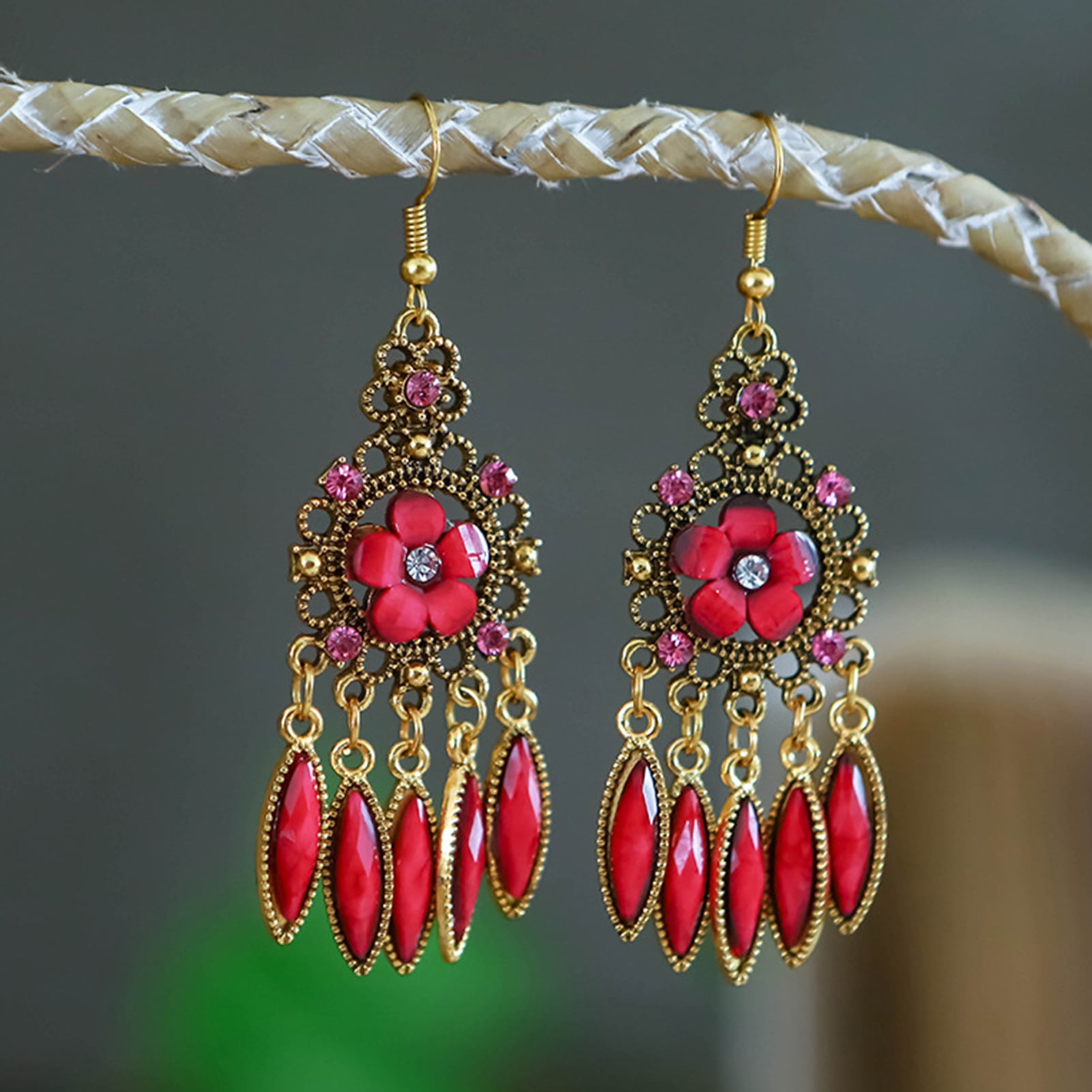 Anvazise 1 Pair Women Earrings Flower Shape Tassel Shiny Rhinestone ...