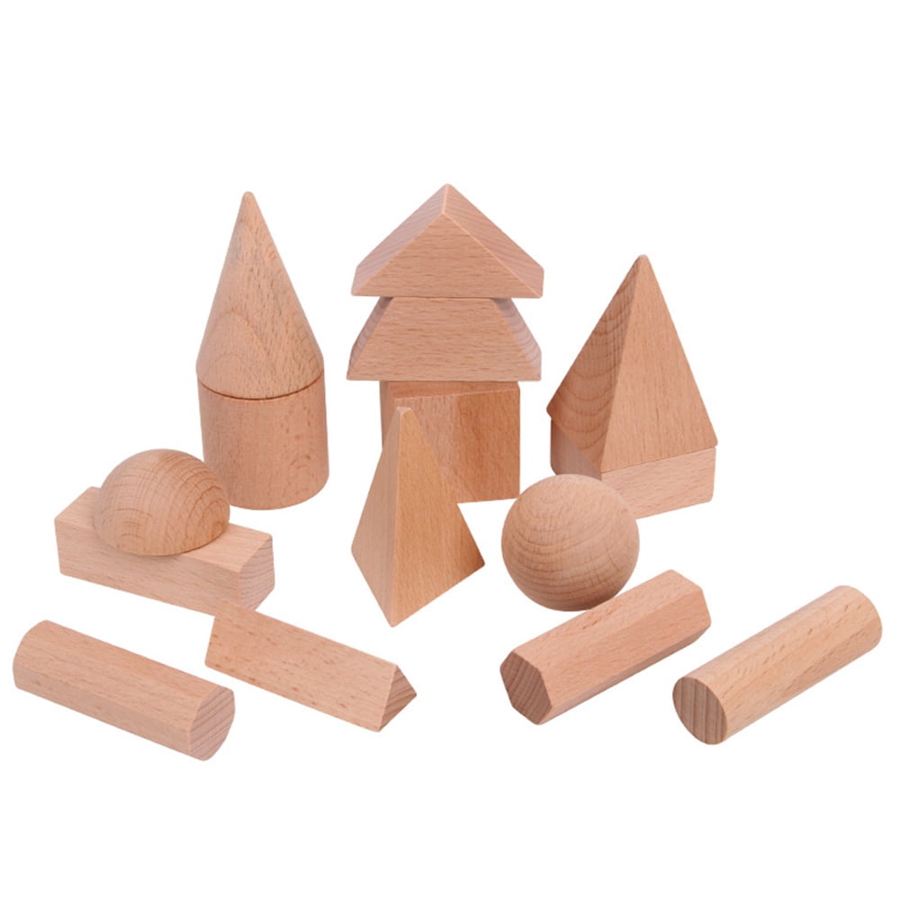 Anvazise 15Pcs Wooden Blank 3D Geometry Solid Blocks Kids Learning Math ...