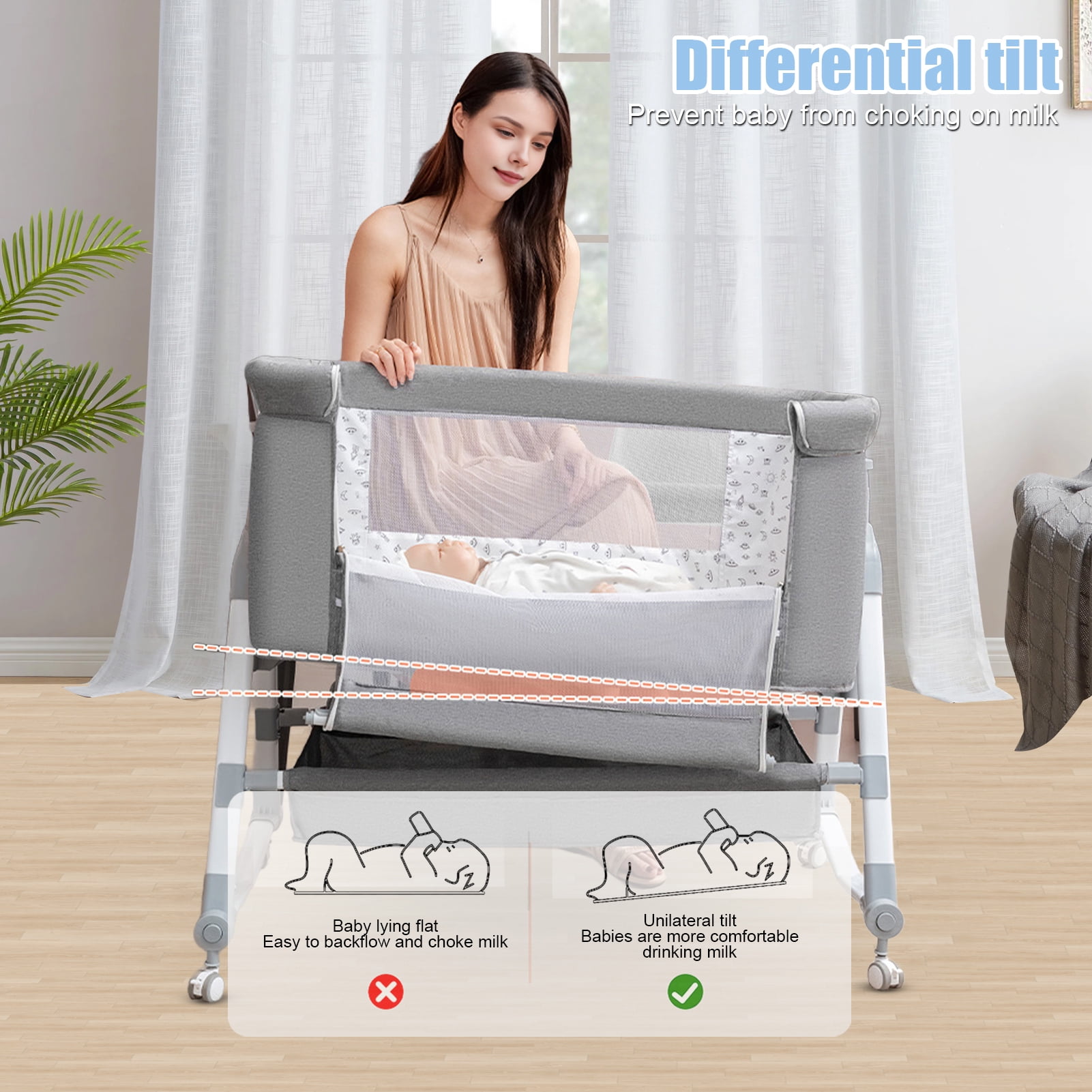 Anvazise Baby Bedside Crib, 3 in 1 Bassinet with Large Curvature Cradle ...