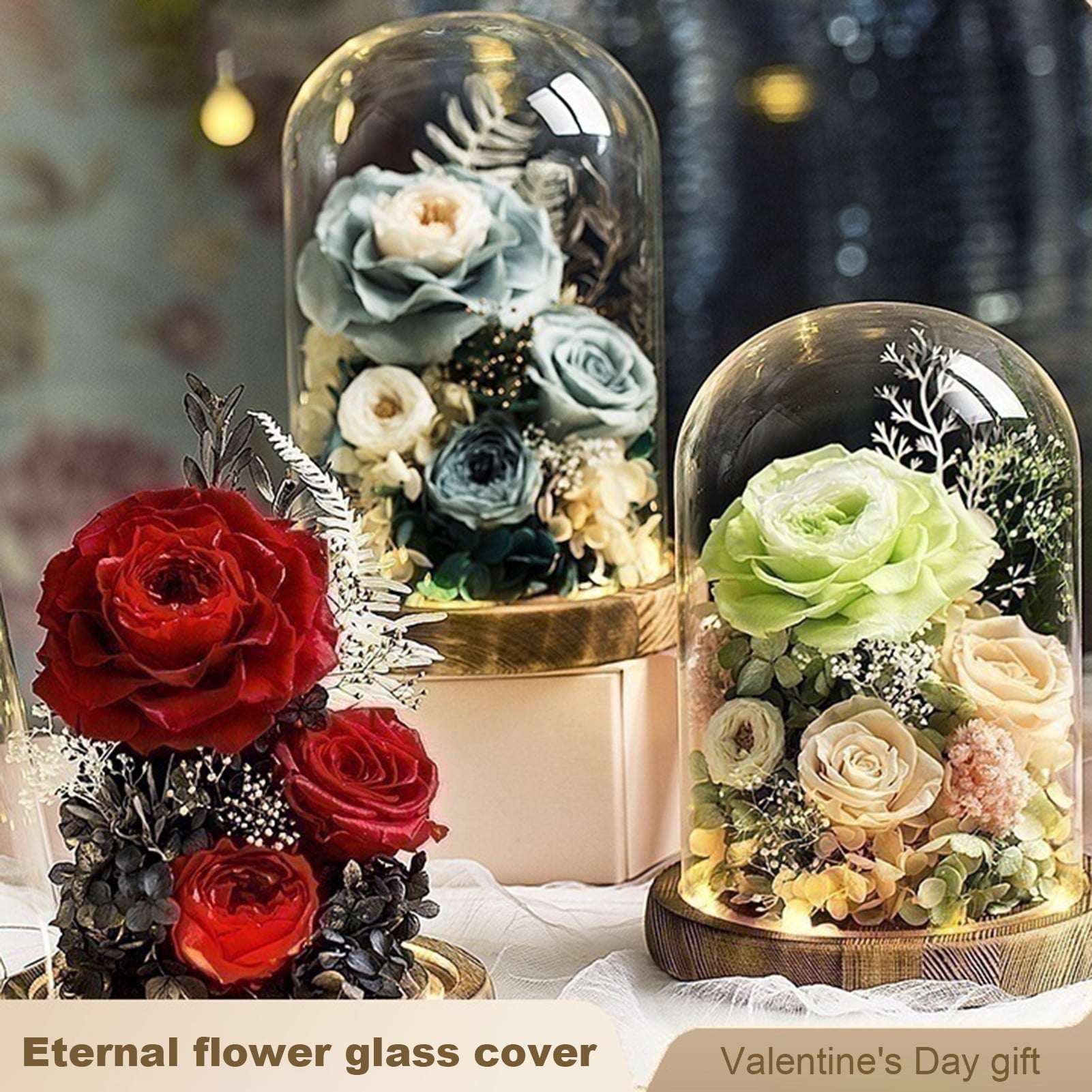Anvazise Eternal Rose Flower Glass Cover with LED Light Wooden Base ...