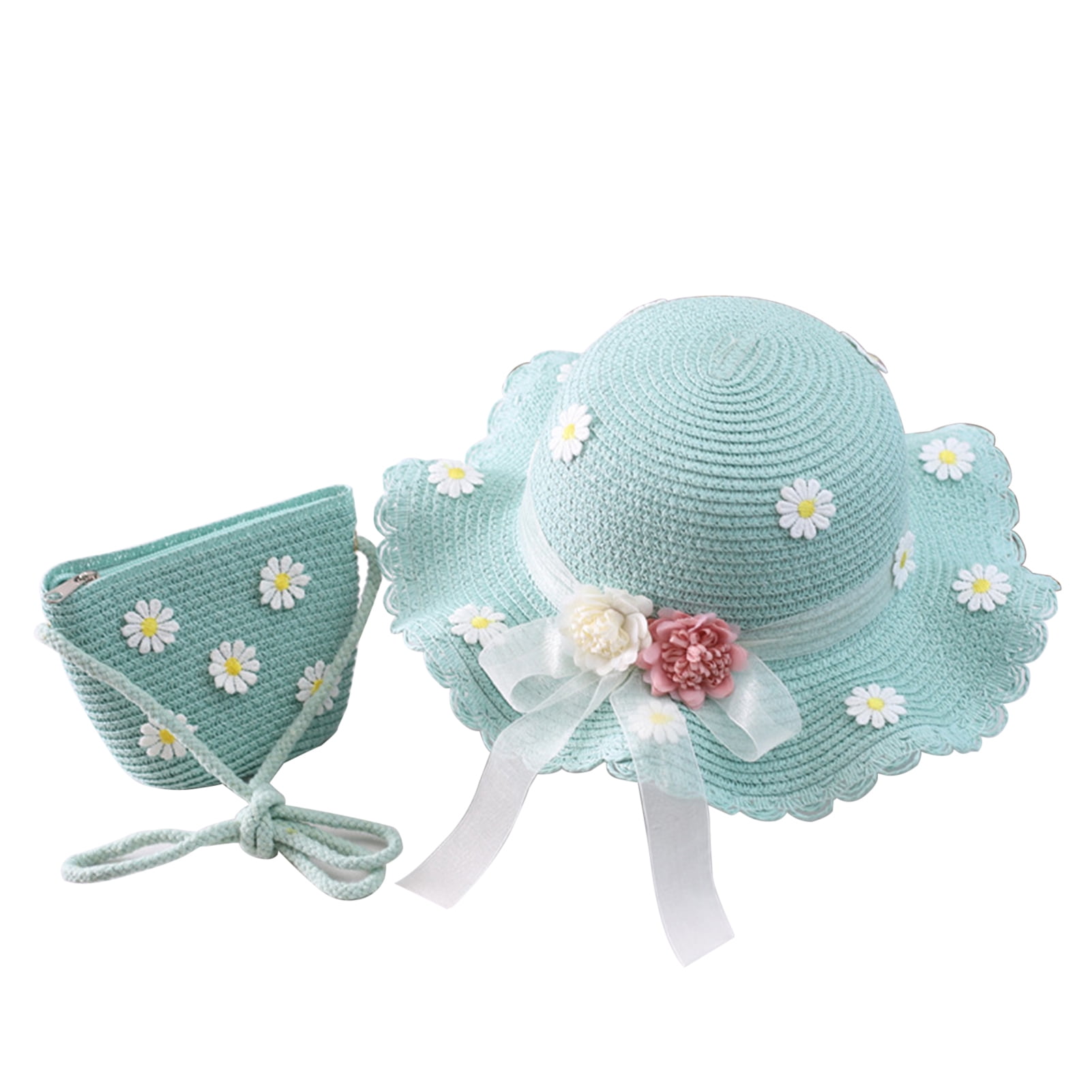 Anvazise Marguerite Dress Up Bow Wide Brim Girl Straw Sunhat Purse Hat ...