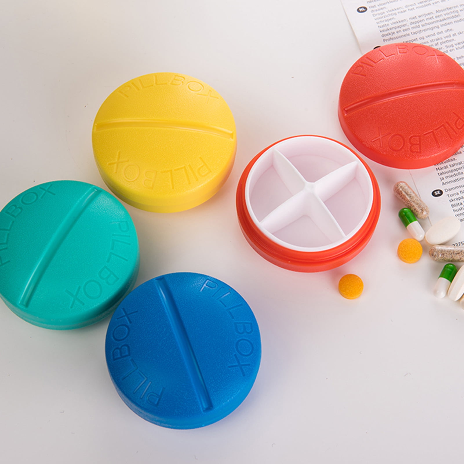 Anvazise Pill Box Round Shape 4 Compartments Portable Capsule Tablet ...