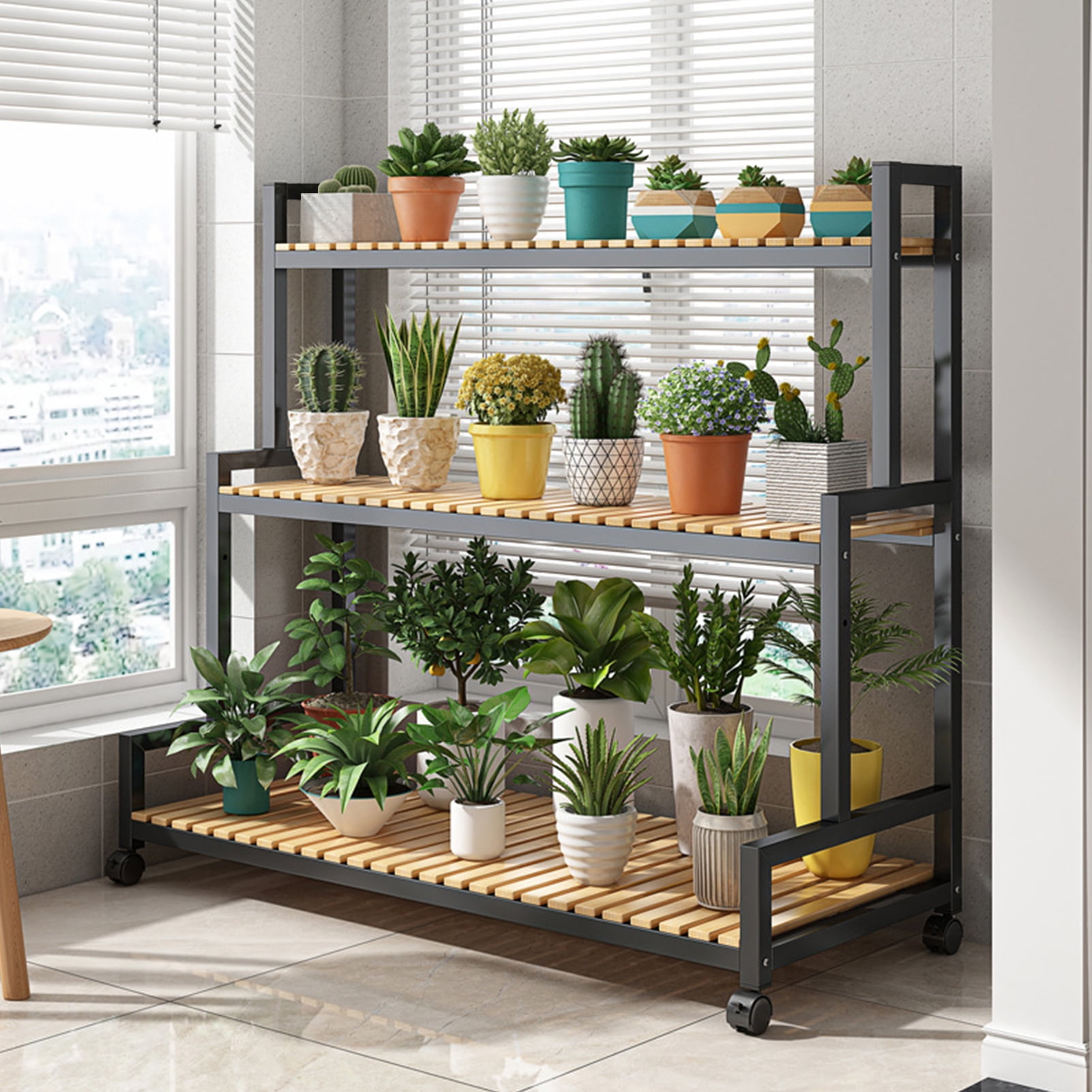 Anvazise Rustic Plant Stand with Wheels, Rolling Plant Shelf Indoor ...