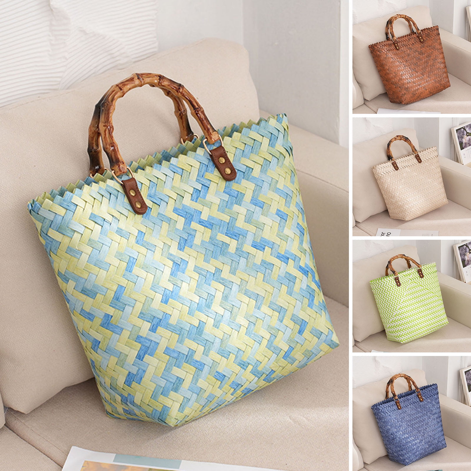 Anvazise Straw Bag Handmade Waterproof High Capacity Wood Handle ...