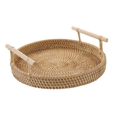 Hand-Woven Rattan Round Serving Tray with Handles, Small Outdoor ...