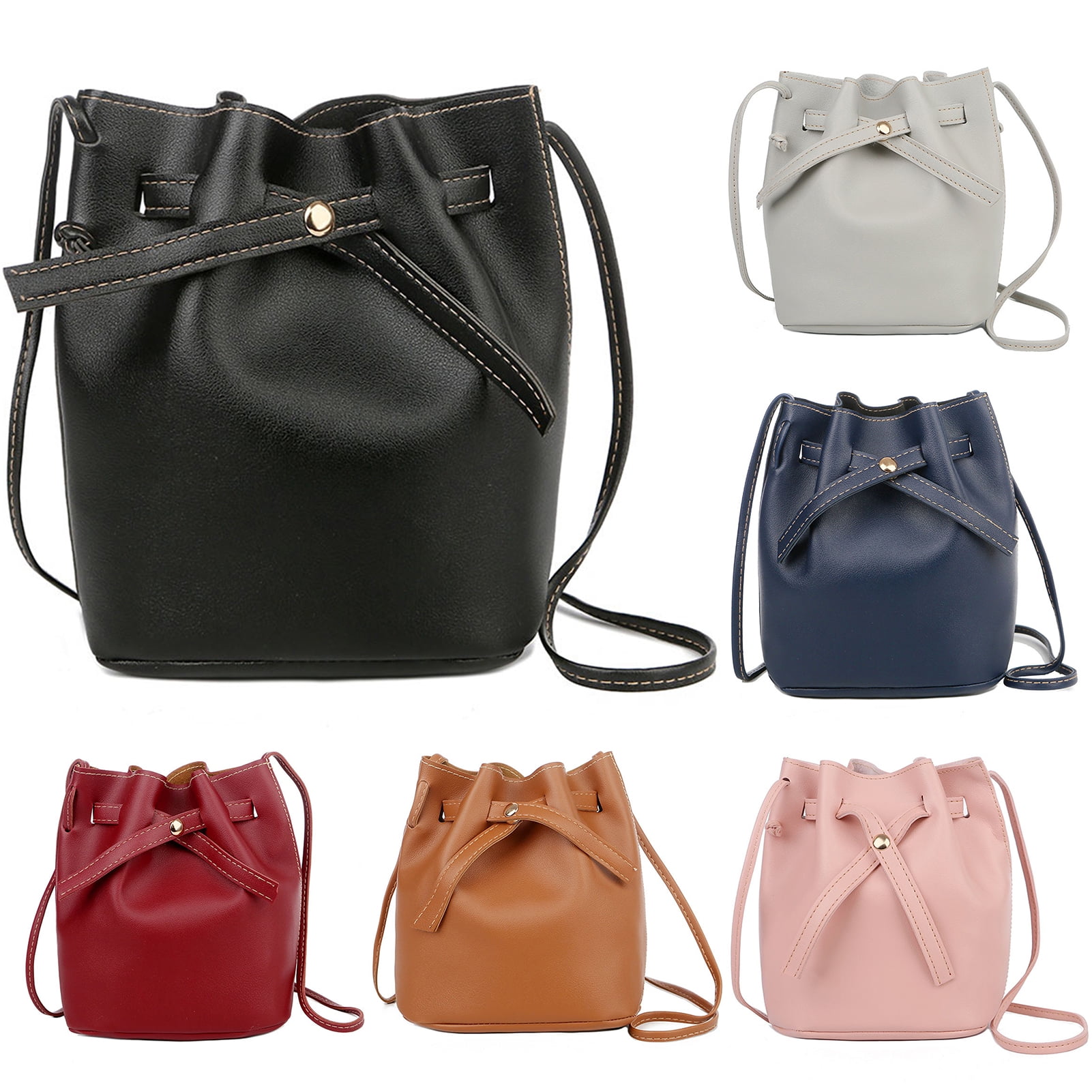 Anvazise Women Bucket Bag Solid Color Faux Leather Large Capacity ...