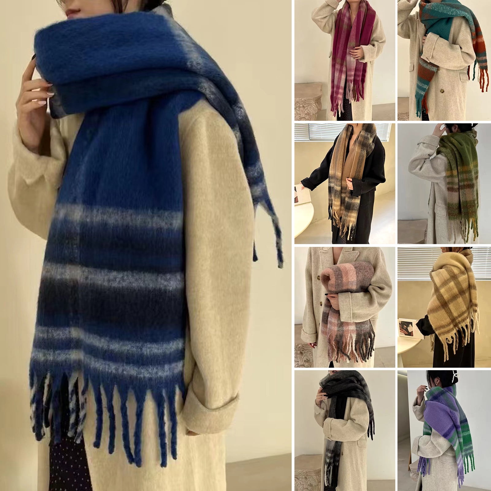 Anvazise Women Winter Scarf Contrast Color Thicken Soft Tassel Lightweight Keep Warm Wide ...