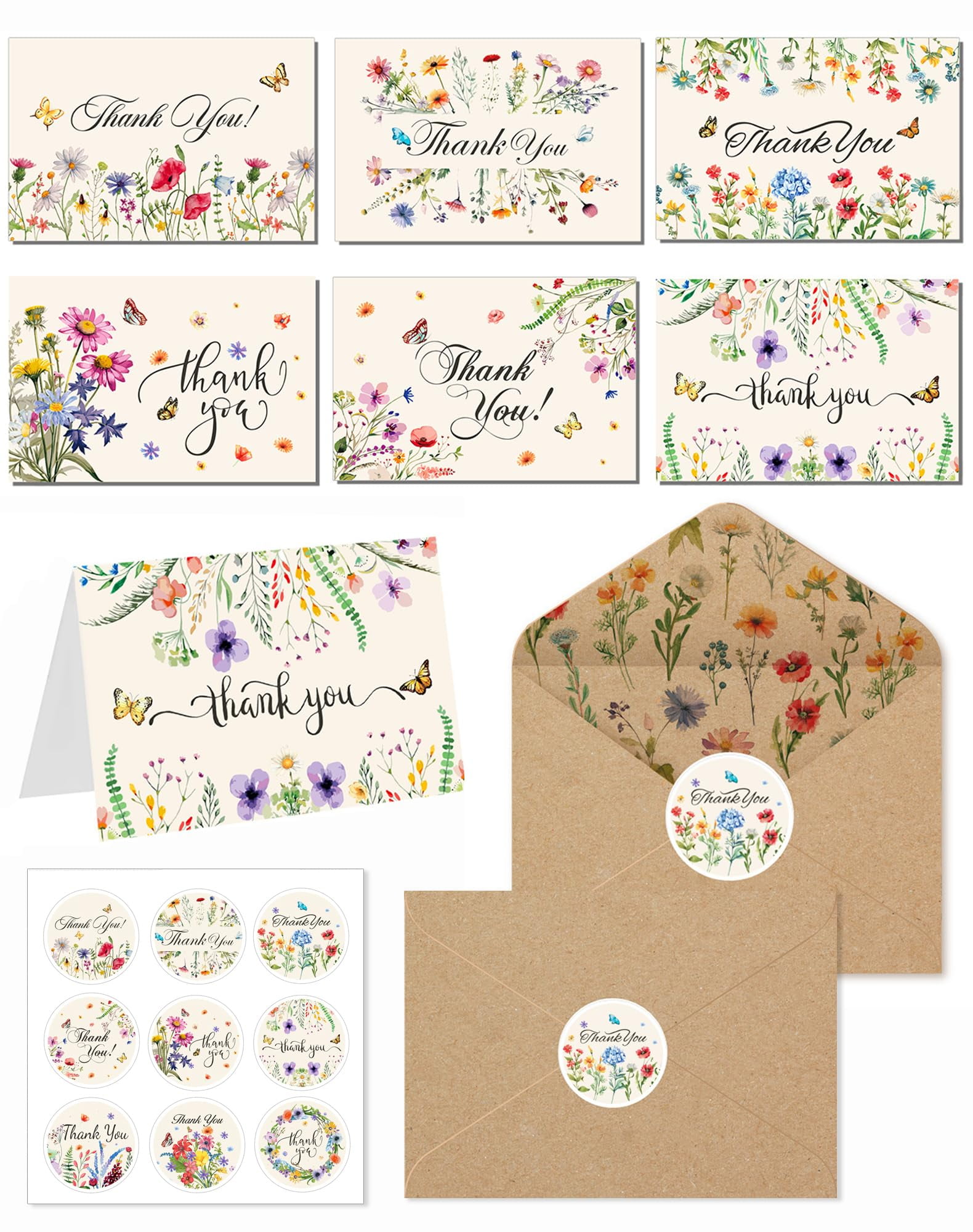 Anvin Thank You Cards 24 Pcs with Kraft Envelopes and Stickers ...