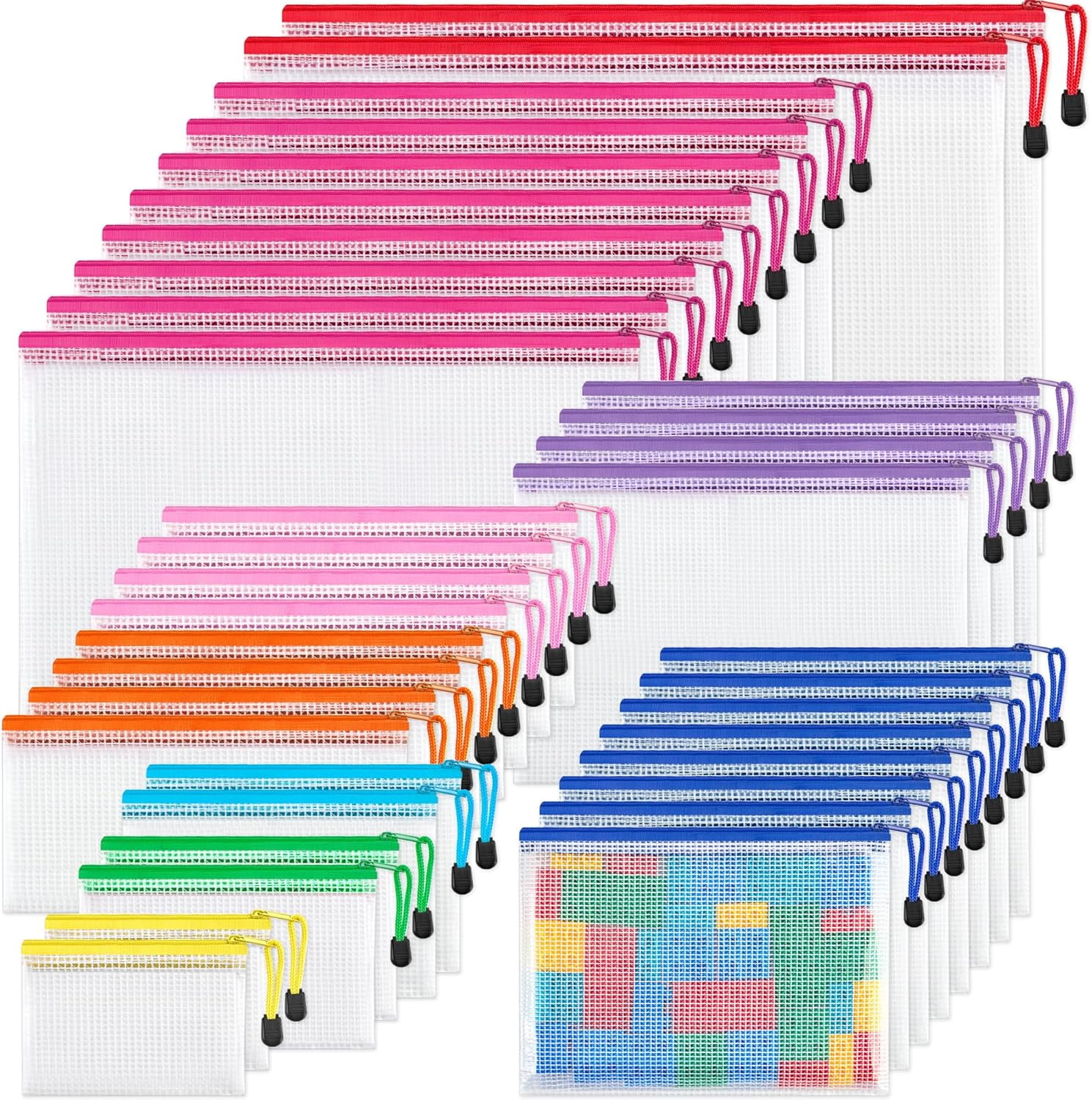 Anvora 36 Pack 8 Sizes Mesh Pouch, 9 Colors, Waterproof Zipper File ...
