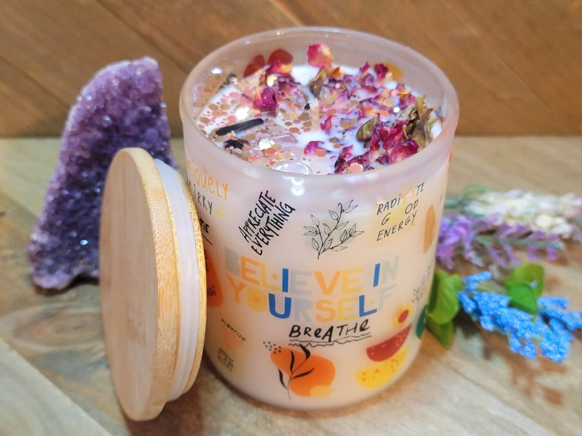 Anxiety Relief Happiness Intention Candle packed with crystals, herbs ...