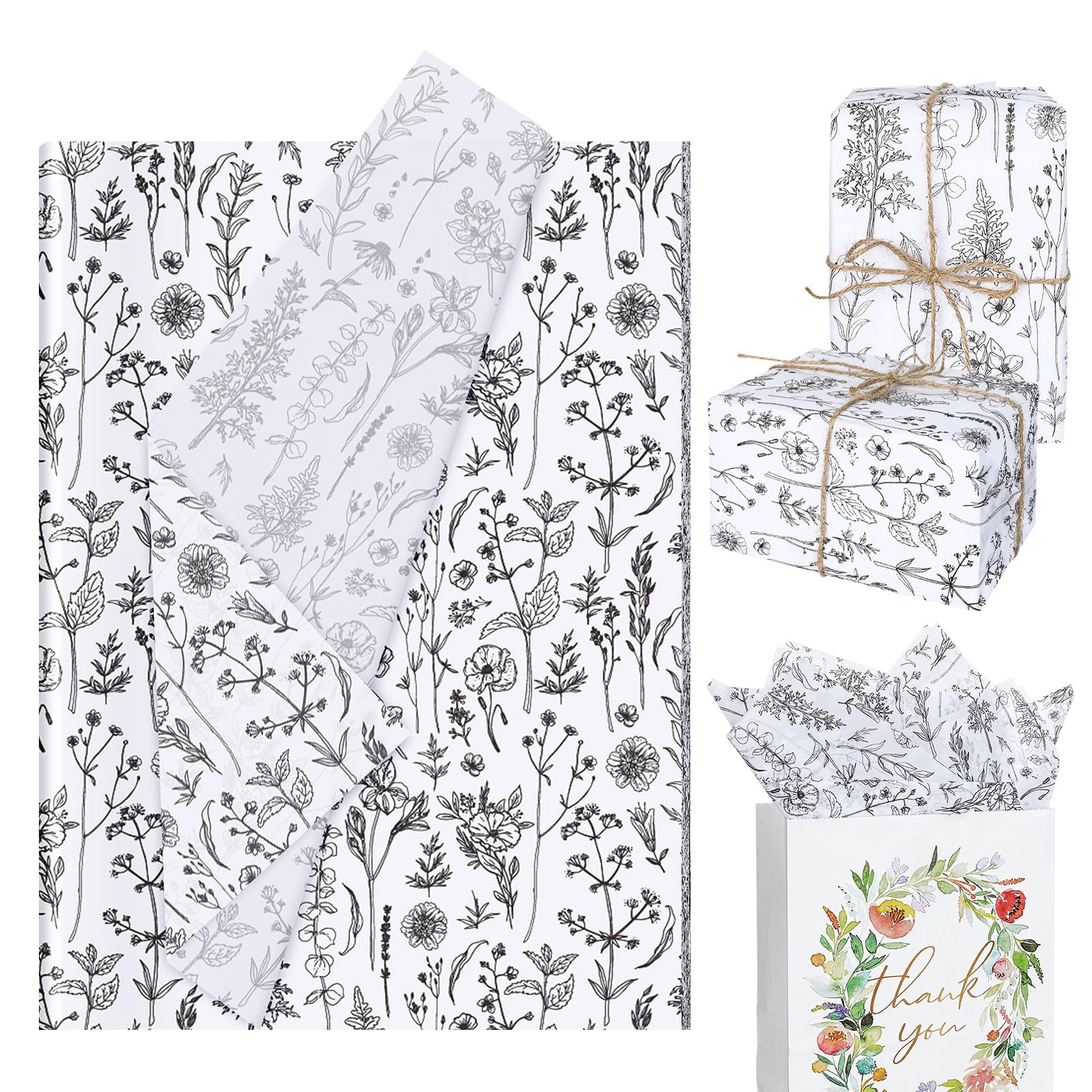 AnyDesign 100 Sheet Vintage Wildflower HYZ01 Tissue Paper White Floral ...