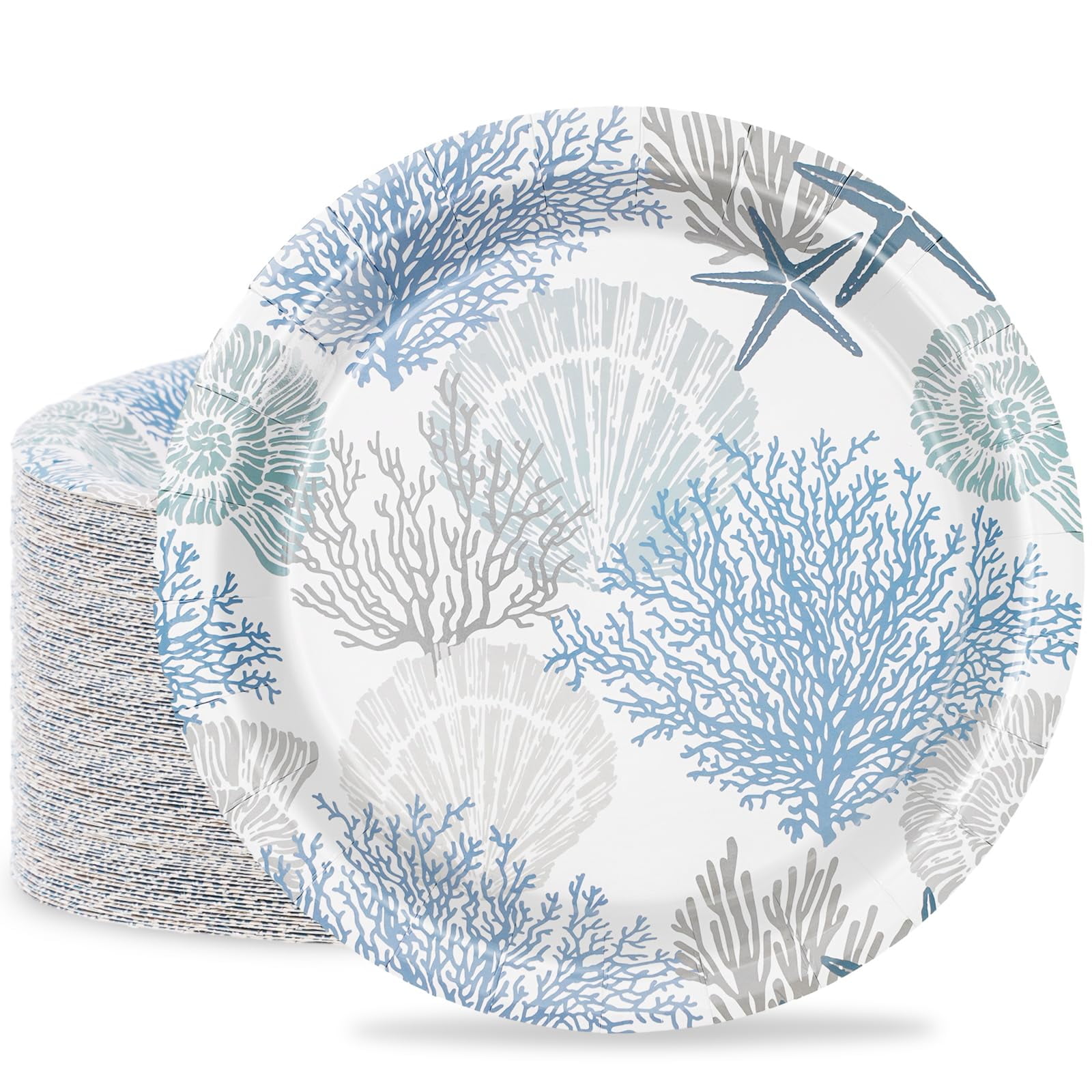 AnyDesign 24Pcs OceanITSC Paper Plates 9 Inch Blue Coral Seashell ...