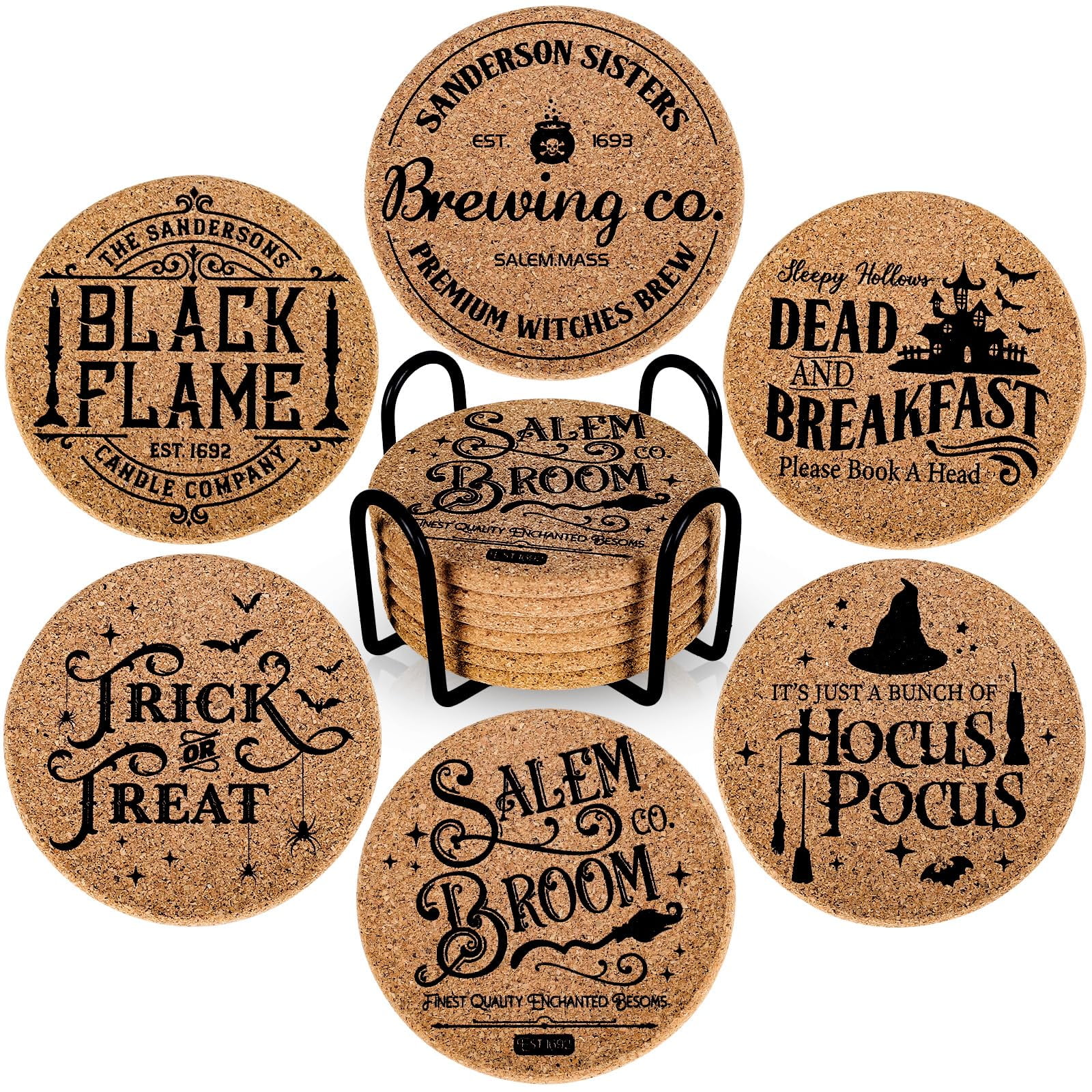 AnyDesign 6Pcs Halloween FEV6 Cork Coasters with Holder Hocus Pocus ...