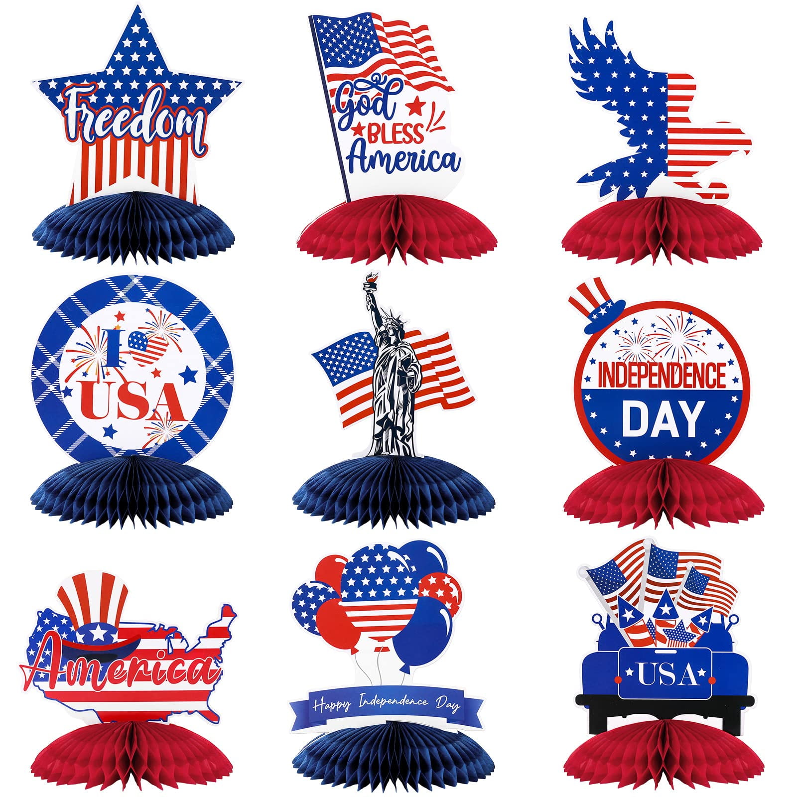 AnyDesign 9Pcs Independence Day Honeycomb Centerpieces 4th of Party ...