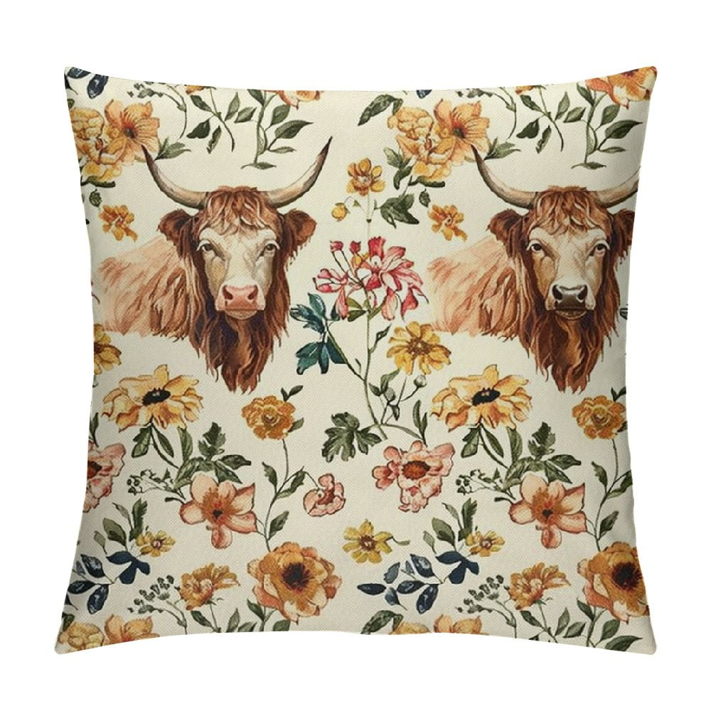 AnyDesign Boho Floral Highland Cow Rectangle Pillow Covers Watercolor ...