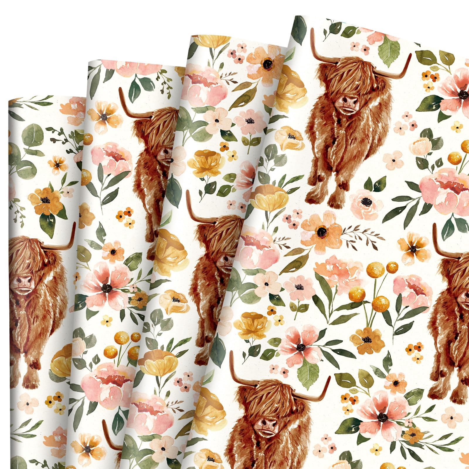 AnyDesign Boho Floral Highland STF9 Cow Wrapping Paper Folded Boho ...