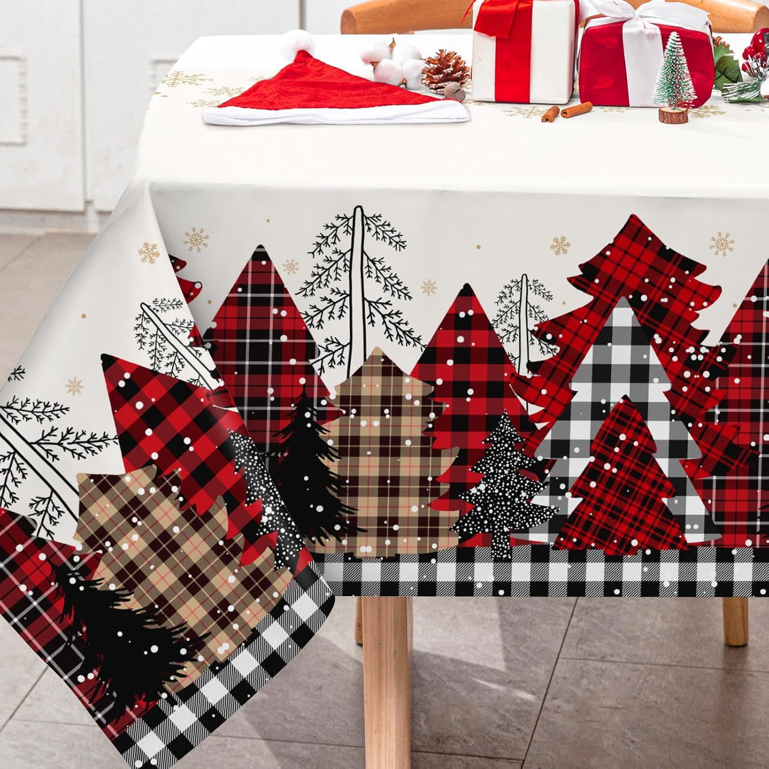 AnyDesign Christmas Table Cover Buffalo Plaid Xmas Tree Fabric ...
