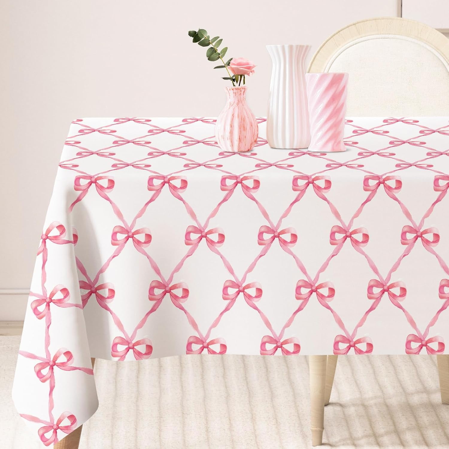 AnyDesign Pink Bow Tablecloth Cute Bow Knot Fabric Table Cloth Washable ...