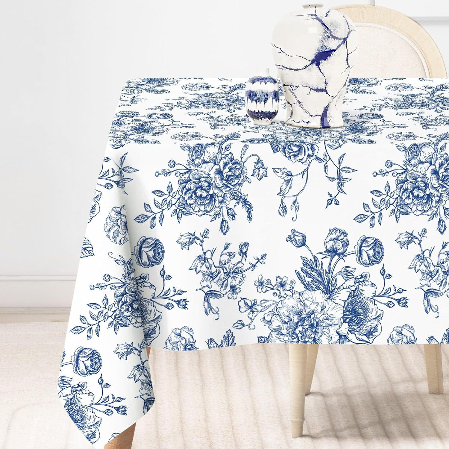 AnyDesign Vintage Floral Tablecloth Rectangle Blue Flower Fabric Table ...