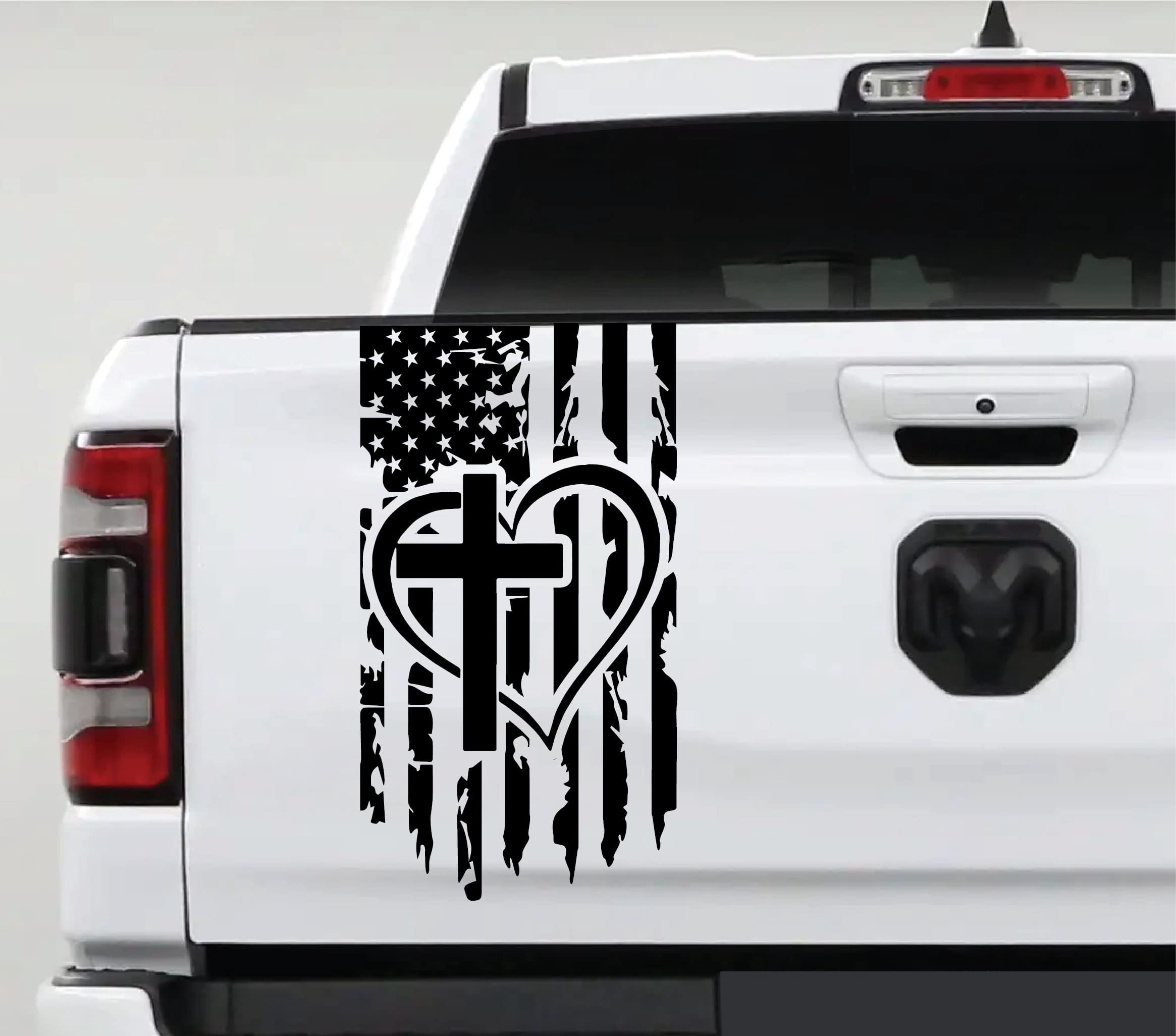 AnyStickerYouWant Distressed American Flag with Cross Truck Tailgate ...