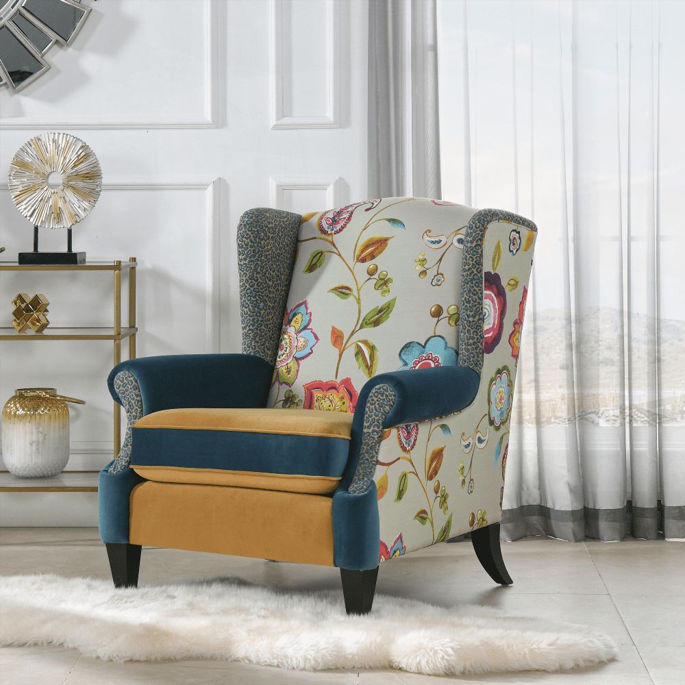Anya Bohemian Chic Wingback Armchair - 1-Piece with Blue-Teal & Yellow ...