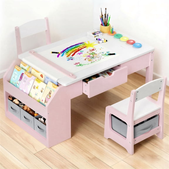 EGBHDSFT Kids Art Table & Chair Set - Toddler Craft Desk with Storage ...