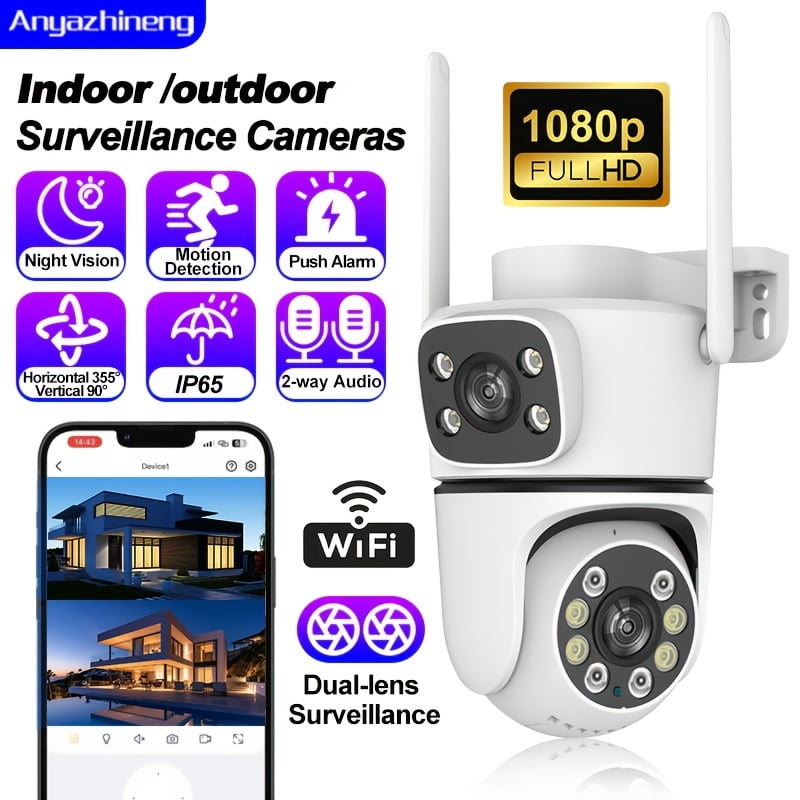 Anyazhineng 1080P 2.4G Dual-Lens Outdoor Security Camera, IP65 ...