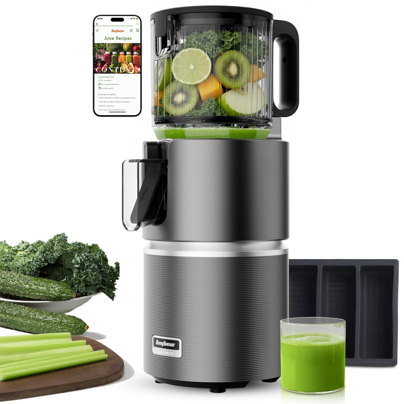Anybear Cold Press Juicer with 4.9" Large Feed Chute, 350W Masticating ...