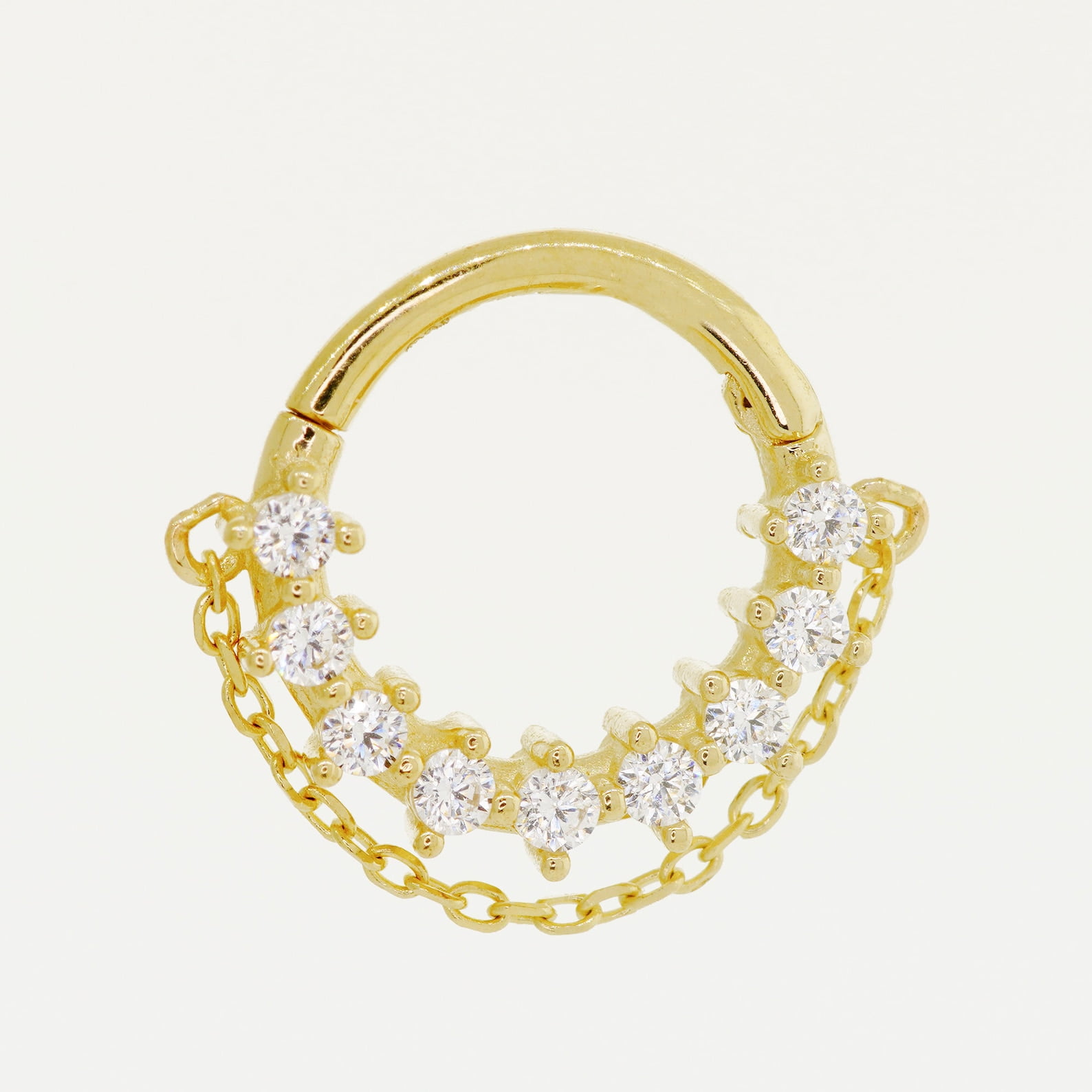 Anygolds 14K REAL Solid Gold Cubic Zirconia Nose Septum Ring with Chain ...