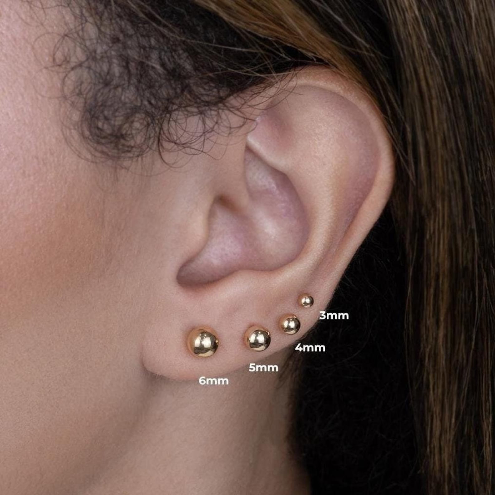 Anygolds 14K real solid Gold Sphere Round Ball Stud Piercing Earring ...
