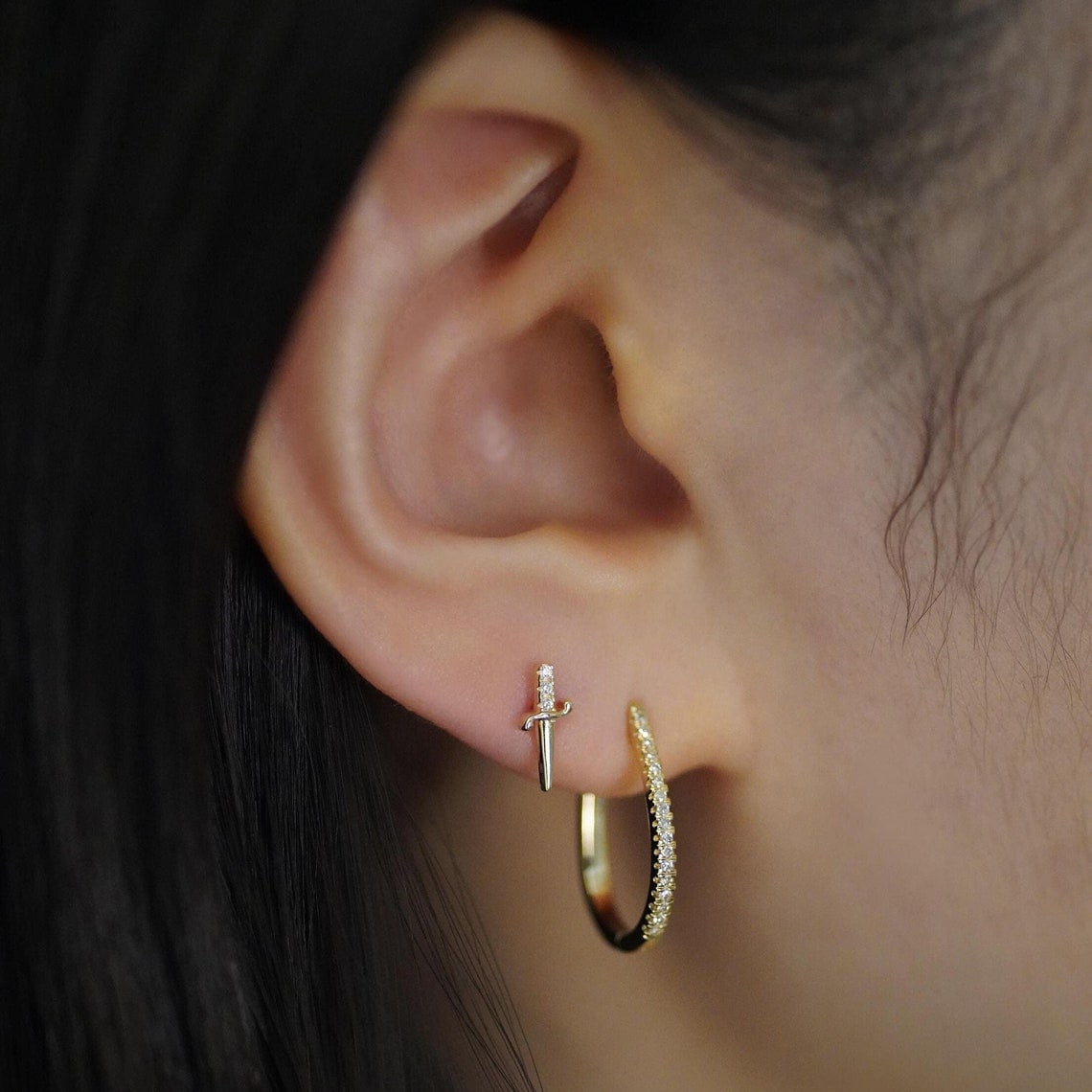 Anygolds 14K Real Solid Gold CZ Dagger Stud Earring - Tragus, Helix ...