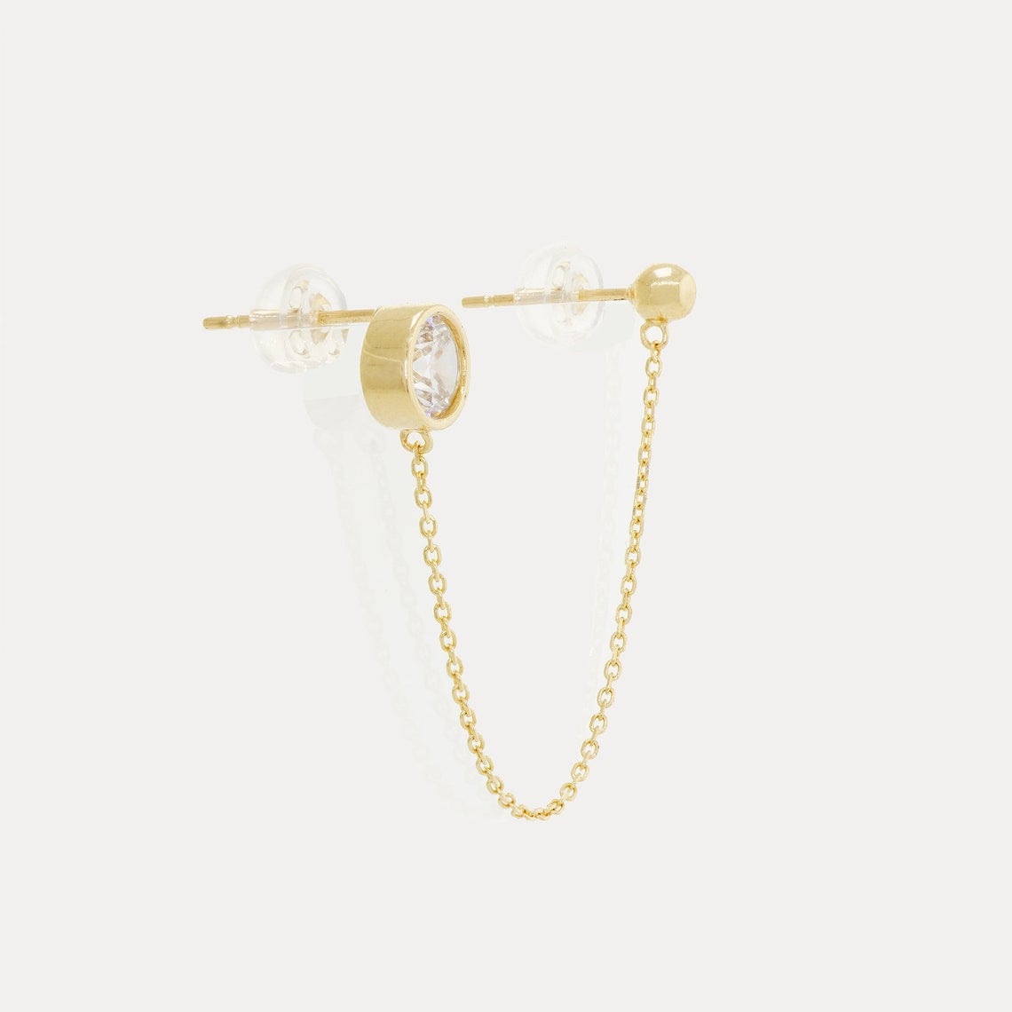 Anygolds 14K Real Solid Gold Cubic Zirconia Stud Ball with Chain Stud Earrings, Earlobe ...