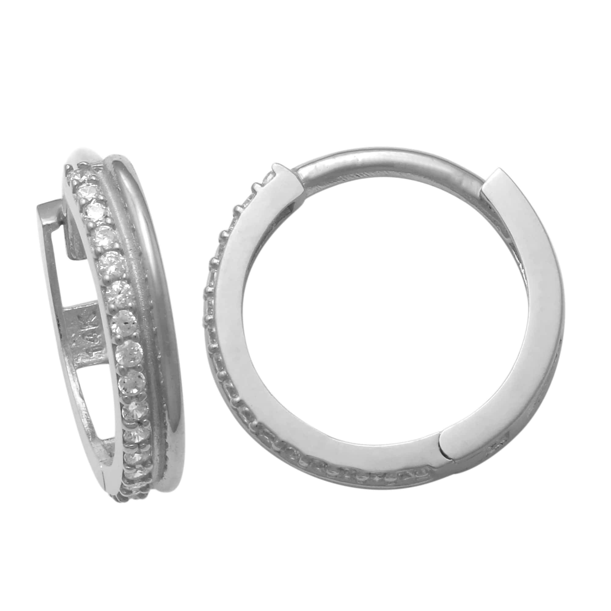 Anygolds 14K Real Solid Gold Cubic Zirconia Triple-Line Hoop Earrings ...