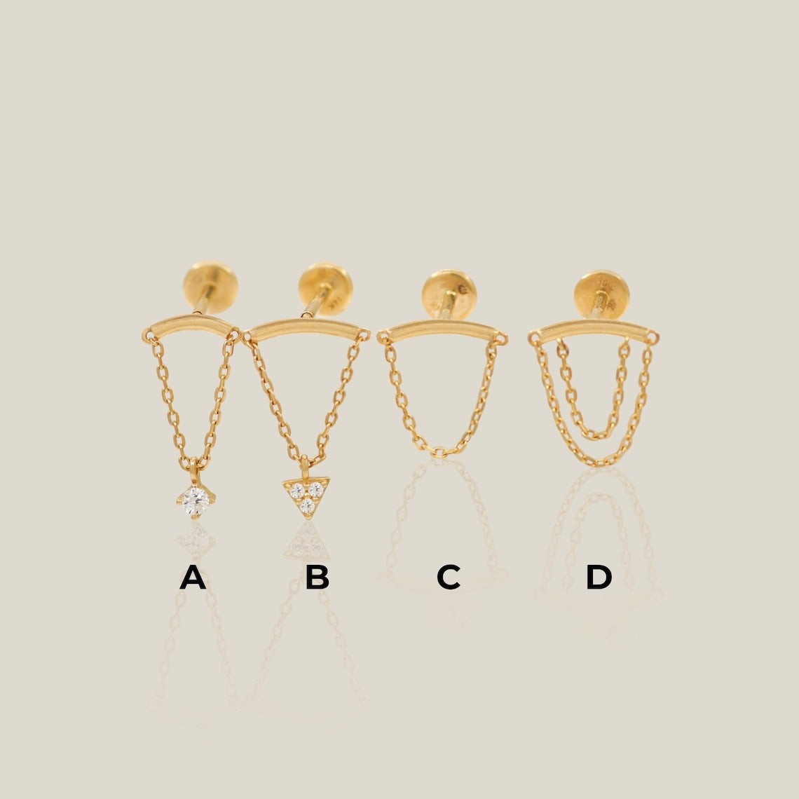 Anygolds 14K Real Solid Gold Curved Bar Chain Dangle Stud Earring, 4 ...