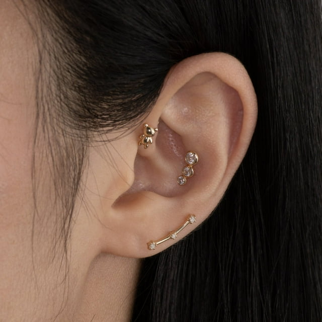 Anygolds 14K Real Solid Gold Curved Round Trio Diamond Cartilage Daith ...