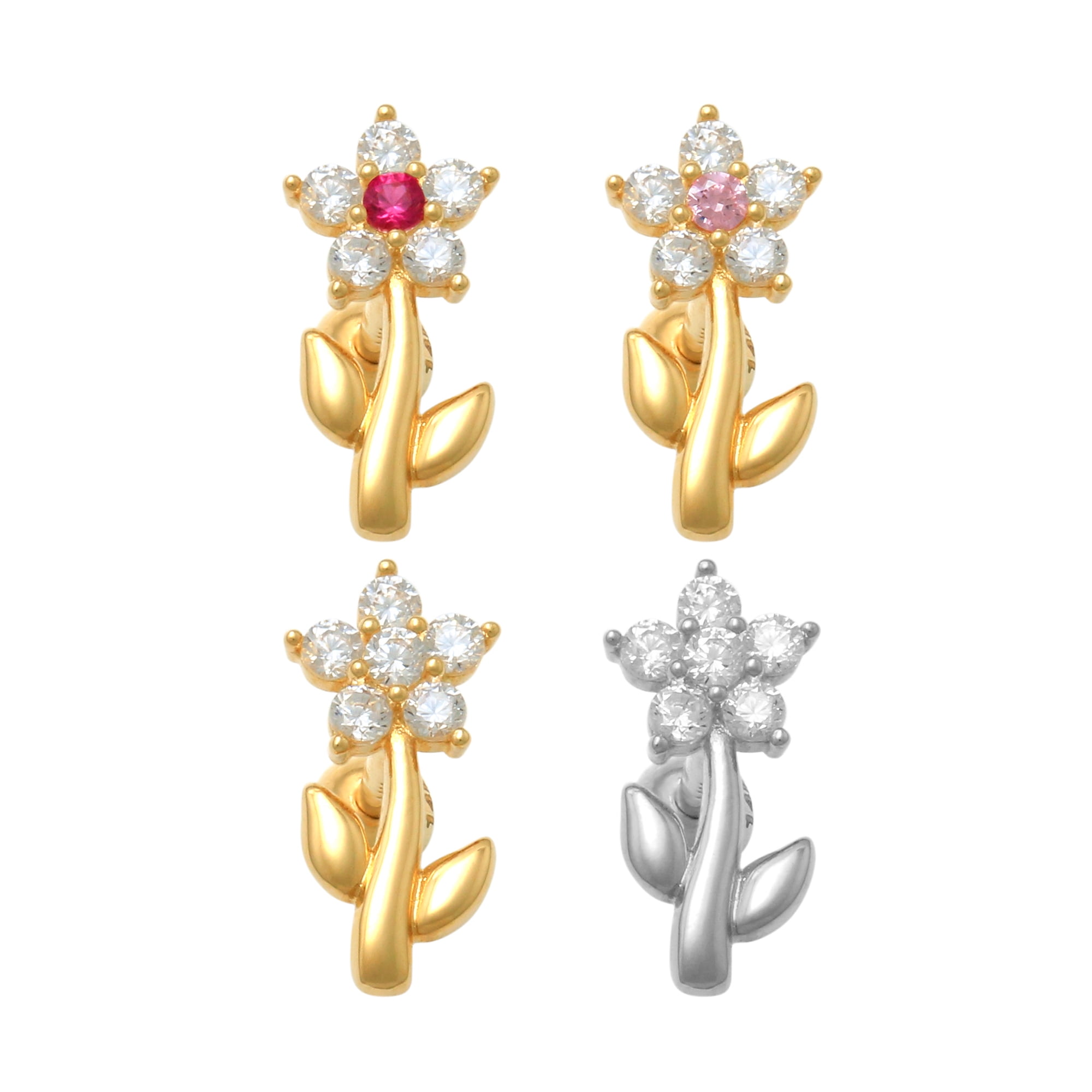 Anygolds 14K Real Solid Gold Flower Birthstone Clear & Ruby Color CZ ...