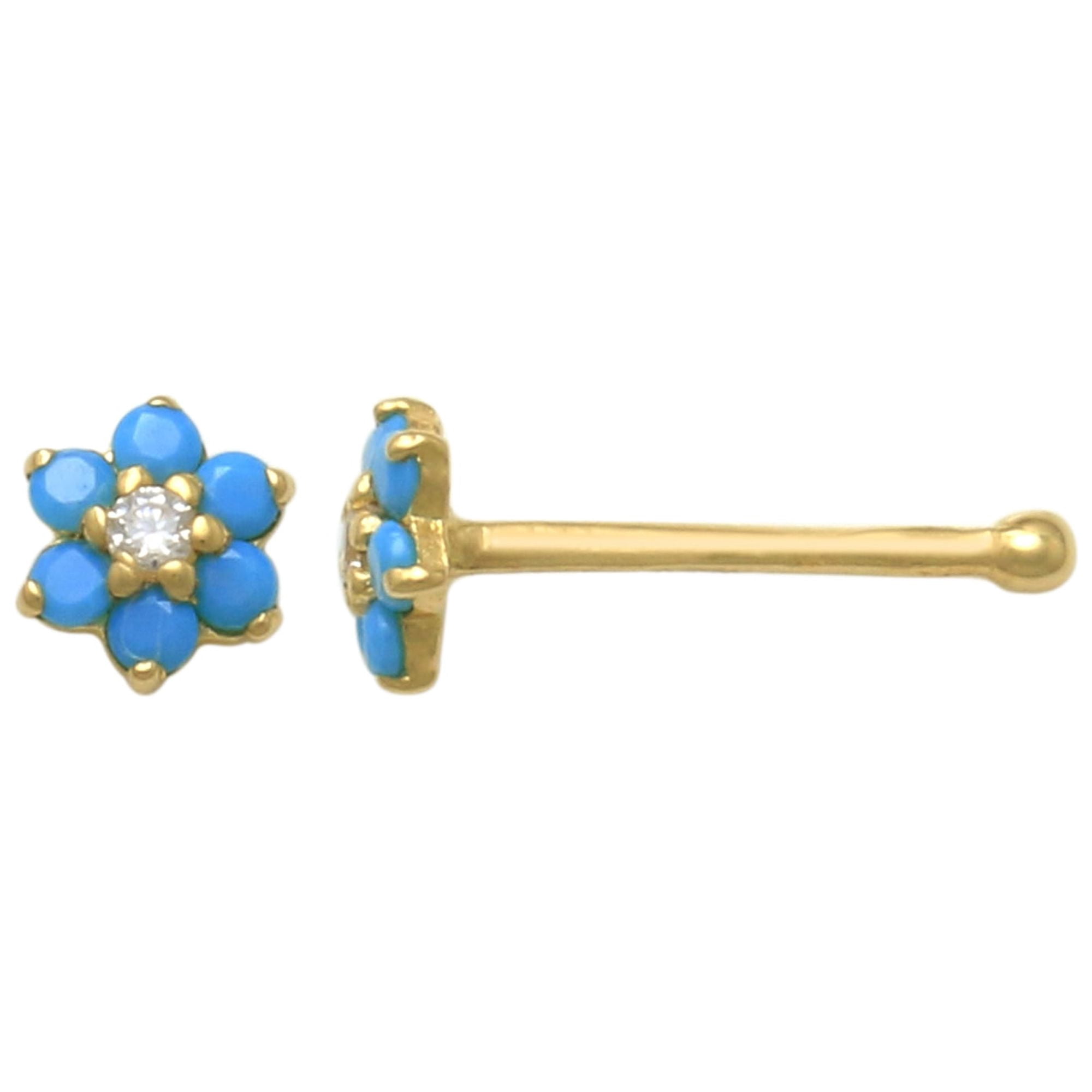 Anygolds 14K Real Solid Gold Turquoise CZ Nose Stud Dainty Tiny Floral ...