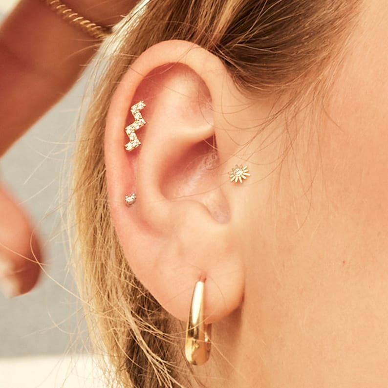 Anygolds 14K Real Solid Gold CZ Zig Zag Bar Stud Earring - Chin, Ear ...