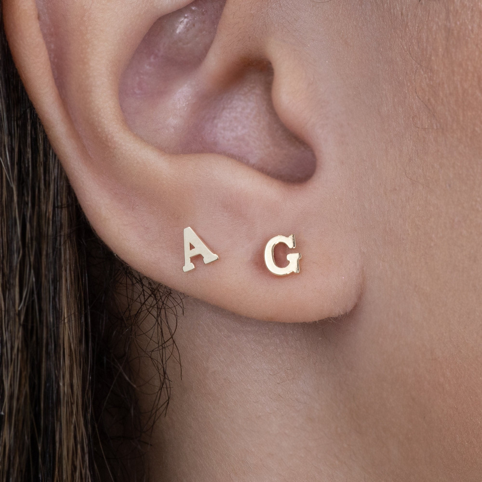 Anygolds 14K real solid Gold Cute Minimalist Initial Stud Screw Back ...