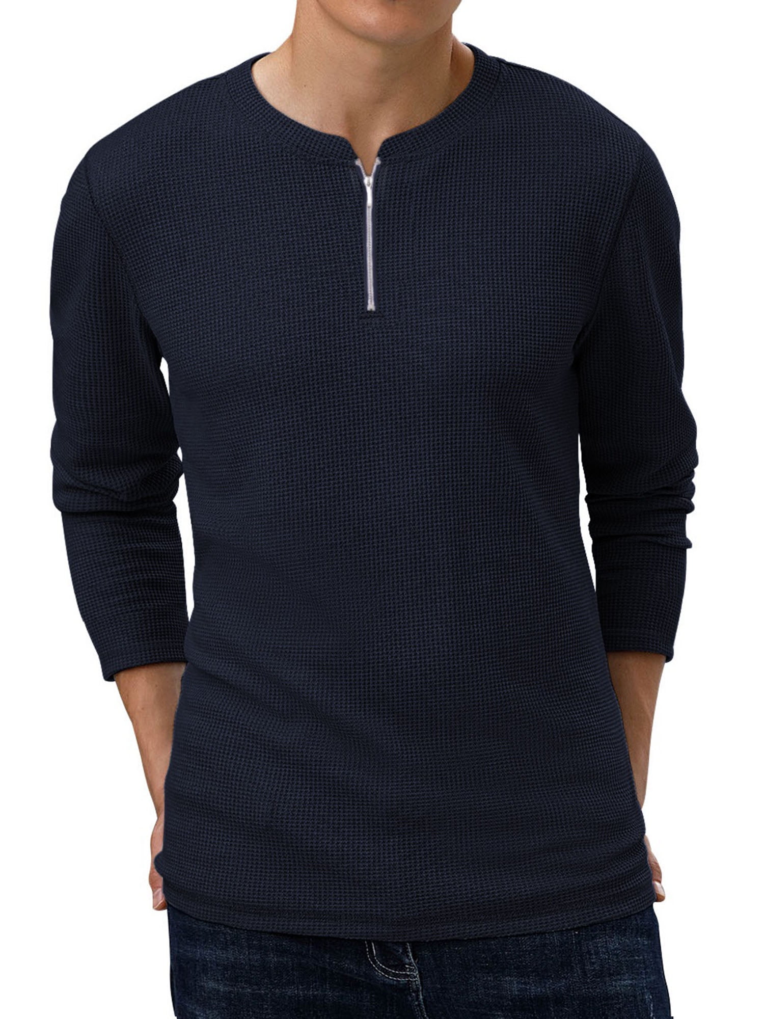 Anygrew Mens shirts Long Sleeve Henley Shirt Waffle Zip Up Pullover ...
