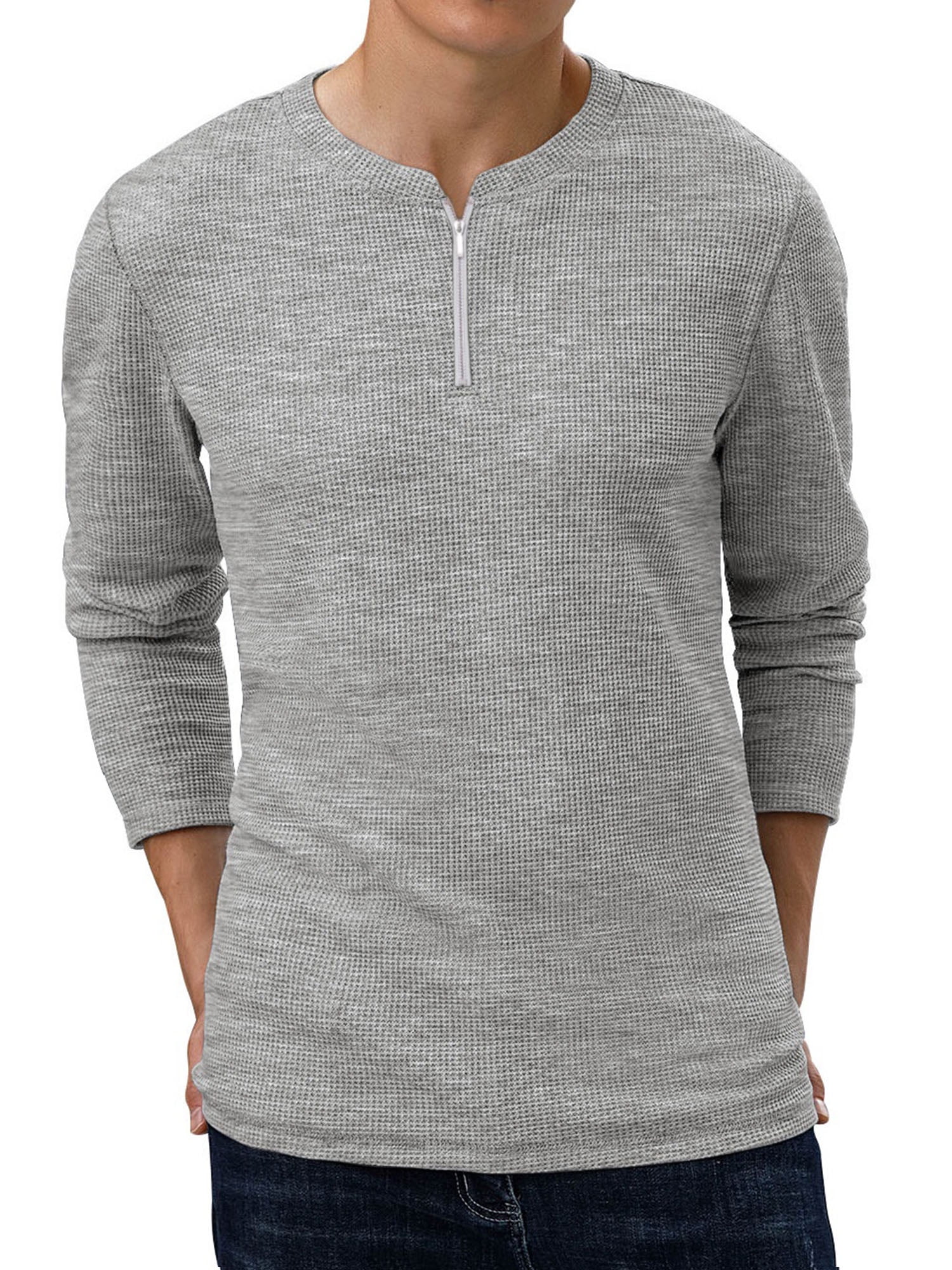 Anygrew Mens shirts Long Sleeve Henley Shirt Waffle Zip Up Pullover ...