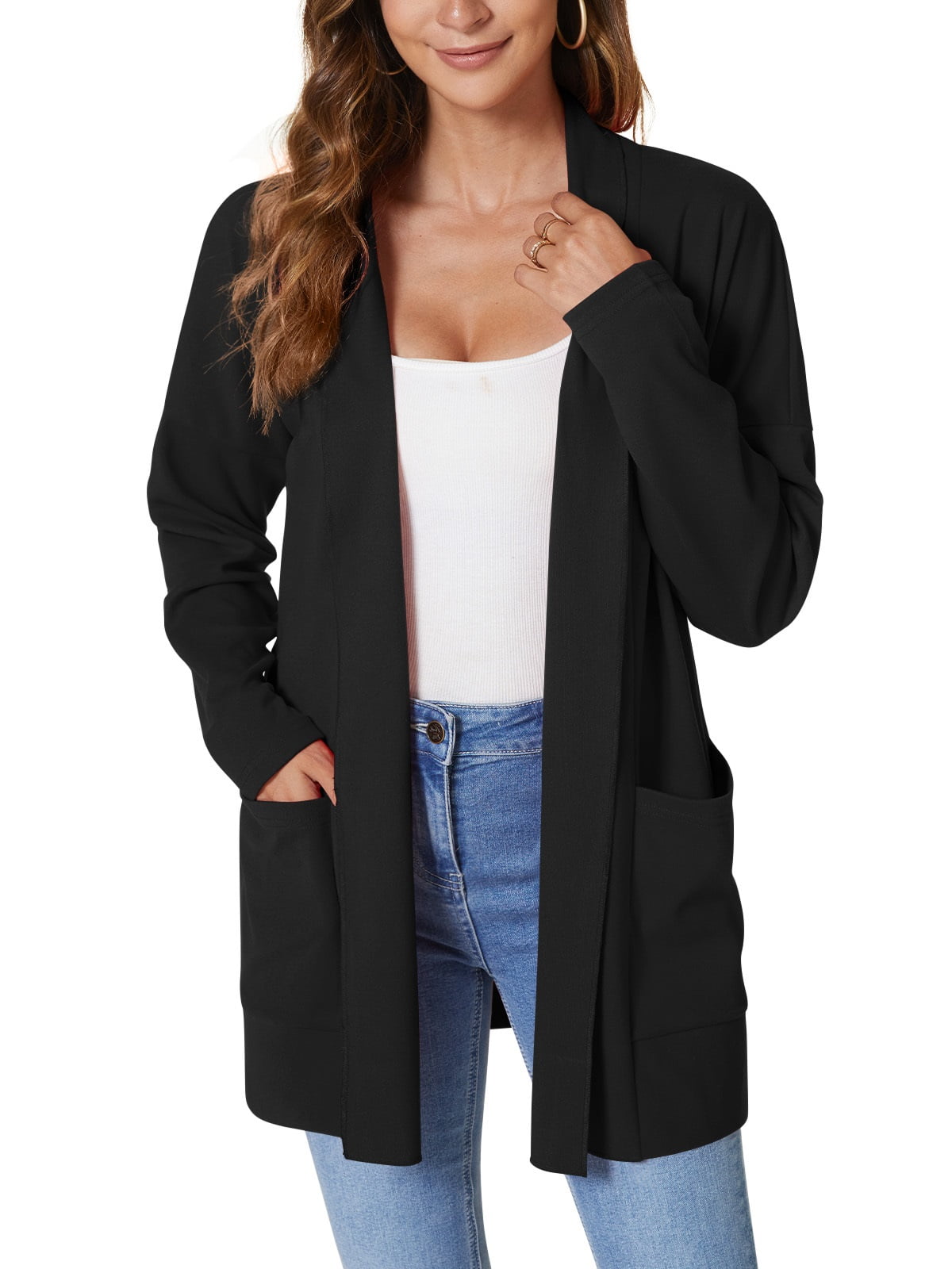 Anygrew Open Front Cardigan Sweater Long Sleeve Black Cardigan For ...