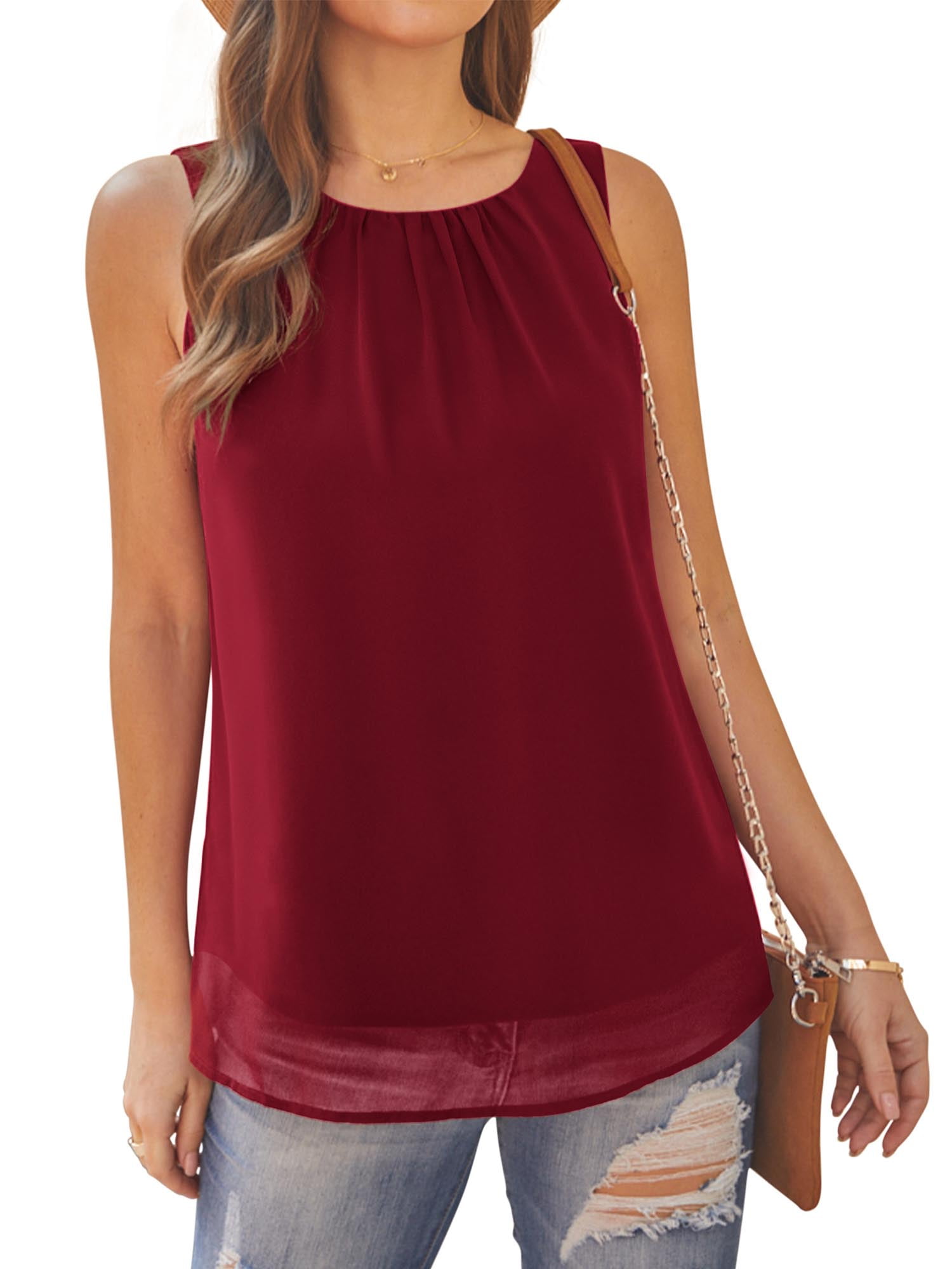 Anygrew Tank Tops for Women Sleeveless Round Neck Tops Casual Pleated ...