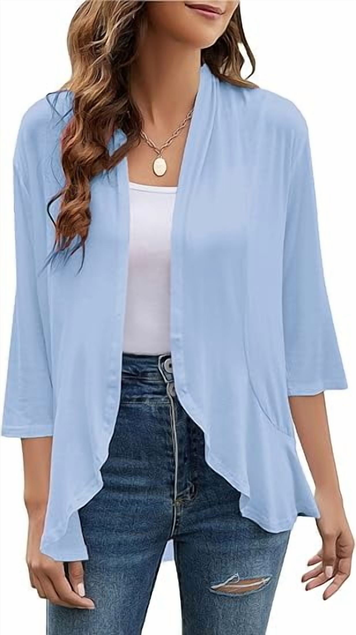 Anygrew Women Cardigan 3/4 Sleeves Open Front Lightweight Cardigan ...