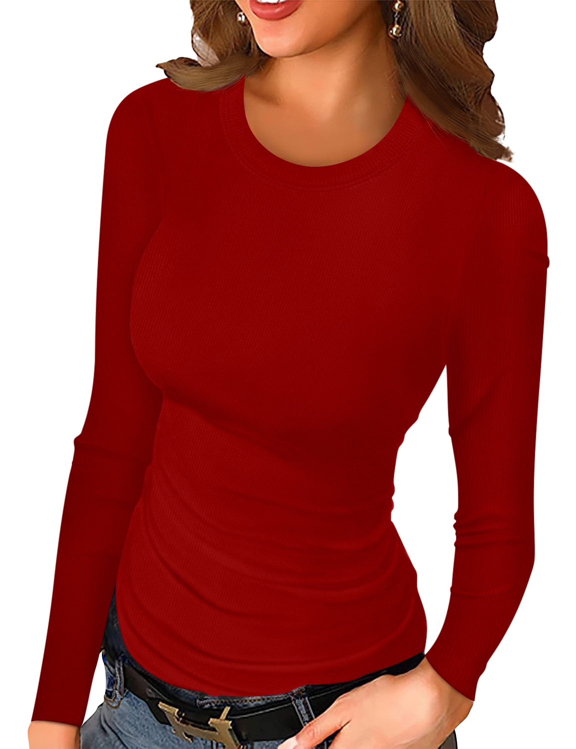 Anygrew Women Long Sleeve Top Casual Basic Slim Knit Ribbed T Shirt ...