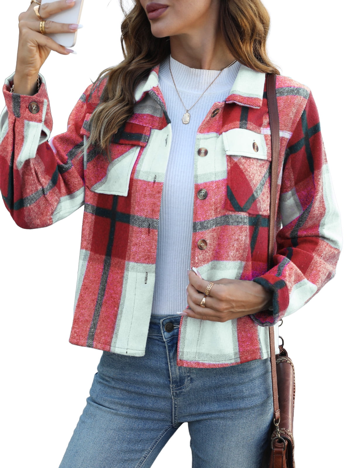 Anygrew Women's Cropped Plaid Shacket Jacket Fashion Casual Button Down ...