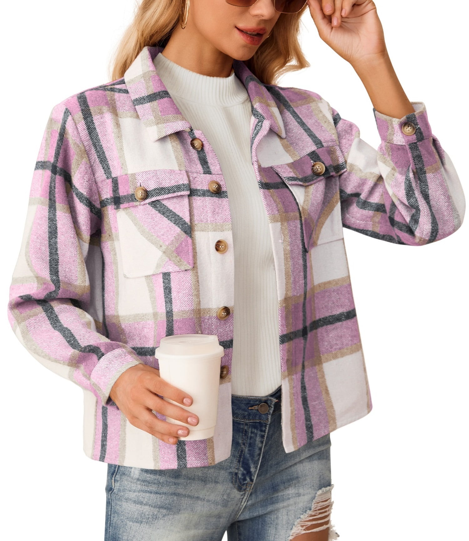Anygrew Women's Cropped Plaid Shacket Jacket Fashion Casual Button Down ...