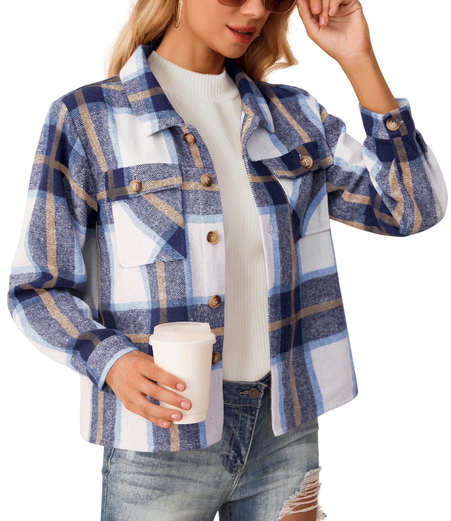 Anygrew Womens Shacket Plaid Shirts Flannel Shacket Jacket Long Sleeve ...